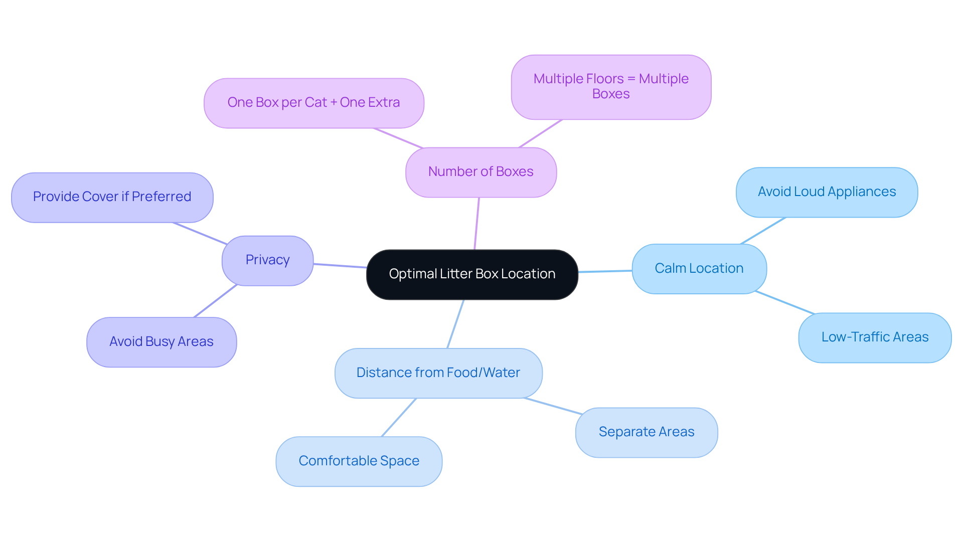 The center shows the main topic, and each branch represents important aspects to consider when placing a litter box. Follow the branches to see recommendations and tips that can help you provide a comfortable space for your kitten.