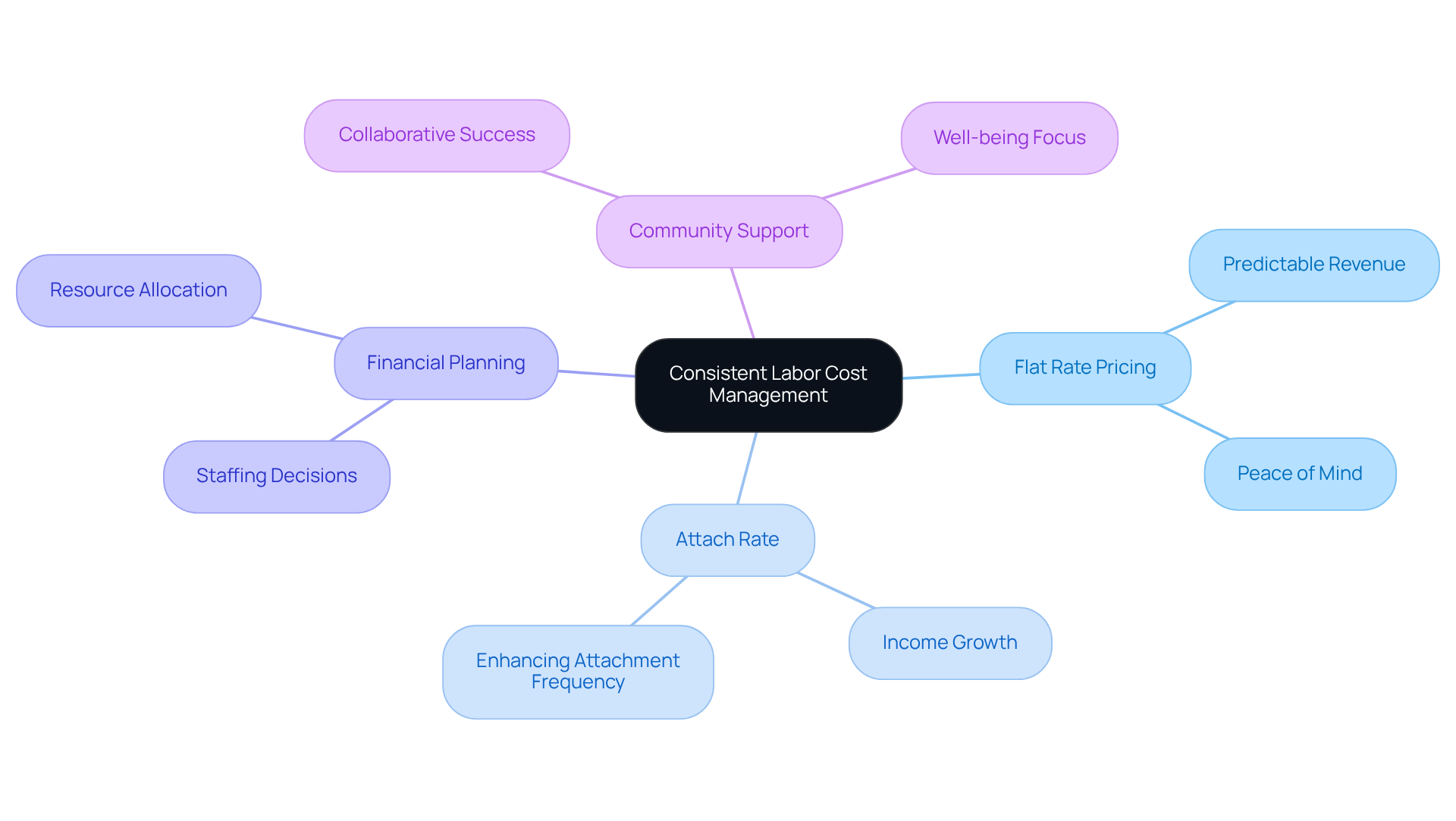 The center node highlights the main focus of labor cost management, while the branches represent various strategies and considerations that contribute to financial stability and business success.