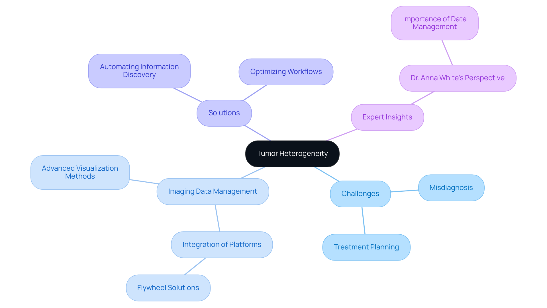 The central node represents the main topic, while the branches show different aspects related to tumor heterogeneity. Each branch connects to specific challenges, solutions, and expert opinions, helping you see how they all relate to improving patient outcomes.