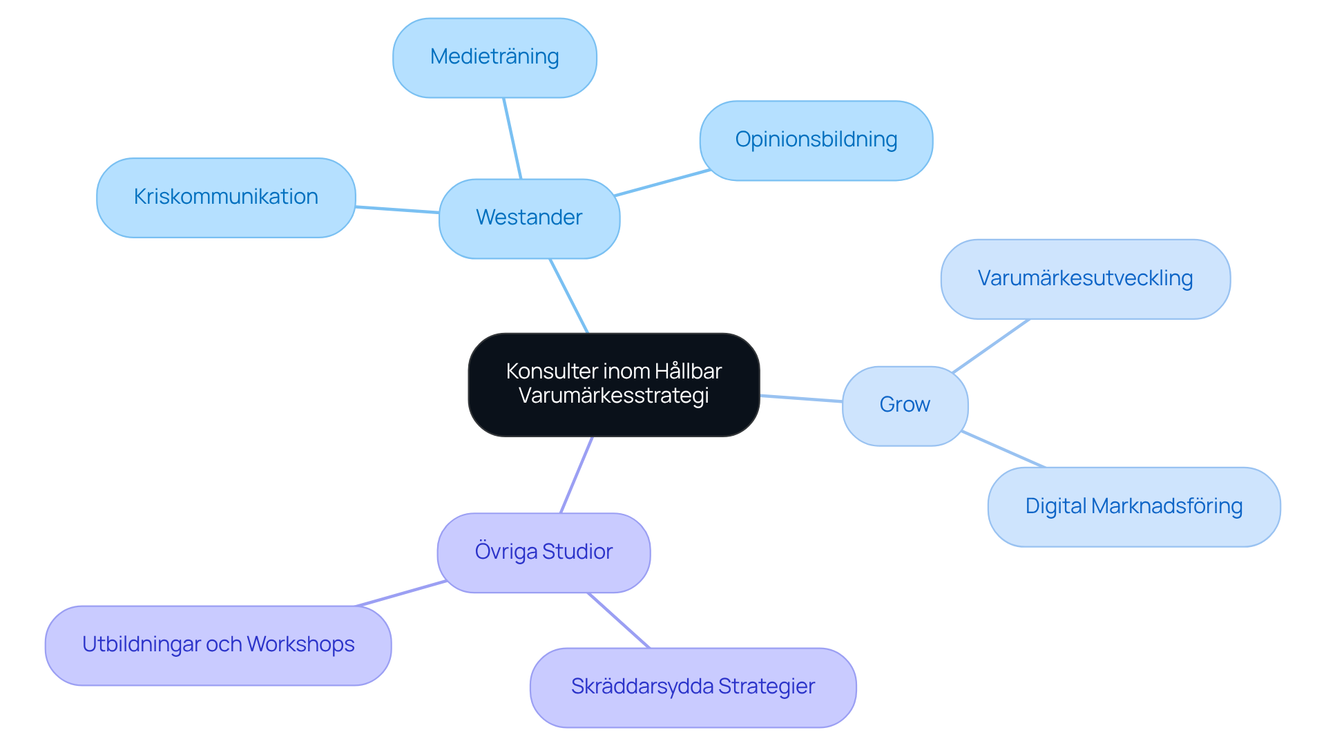 Denna mindmap visar olika konsulter och deras specialiteter inom hållbar varumärkesstrategi. Följ grenarna för att se vad varje konsult erbjuder och hur de kan hjälpa företag att integrera hållbarhet i sin kommunikation.