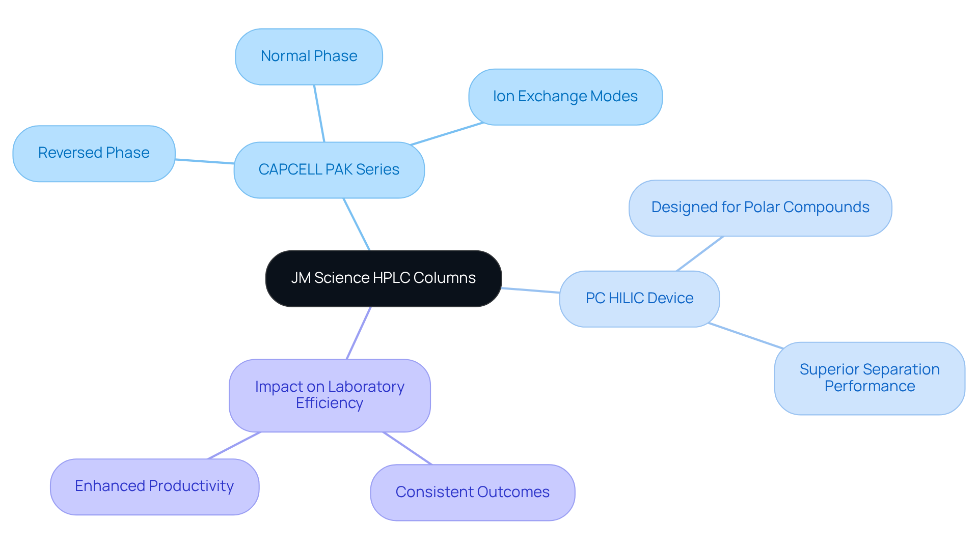 The central node represents JM Science's HPLC columns, with branches displaying different types and how they contribute to laboratory efficiency. Follow the branches to explore each category and its benefits. The central node represents JM Science's HPLC columns, with branches displaying different types and how they contribute to laboratory efficiency. Follow the branches to explore each category and its benefits.