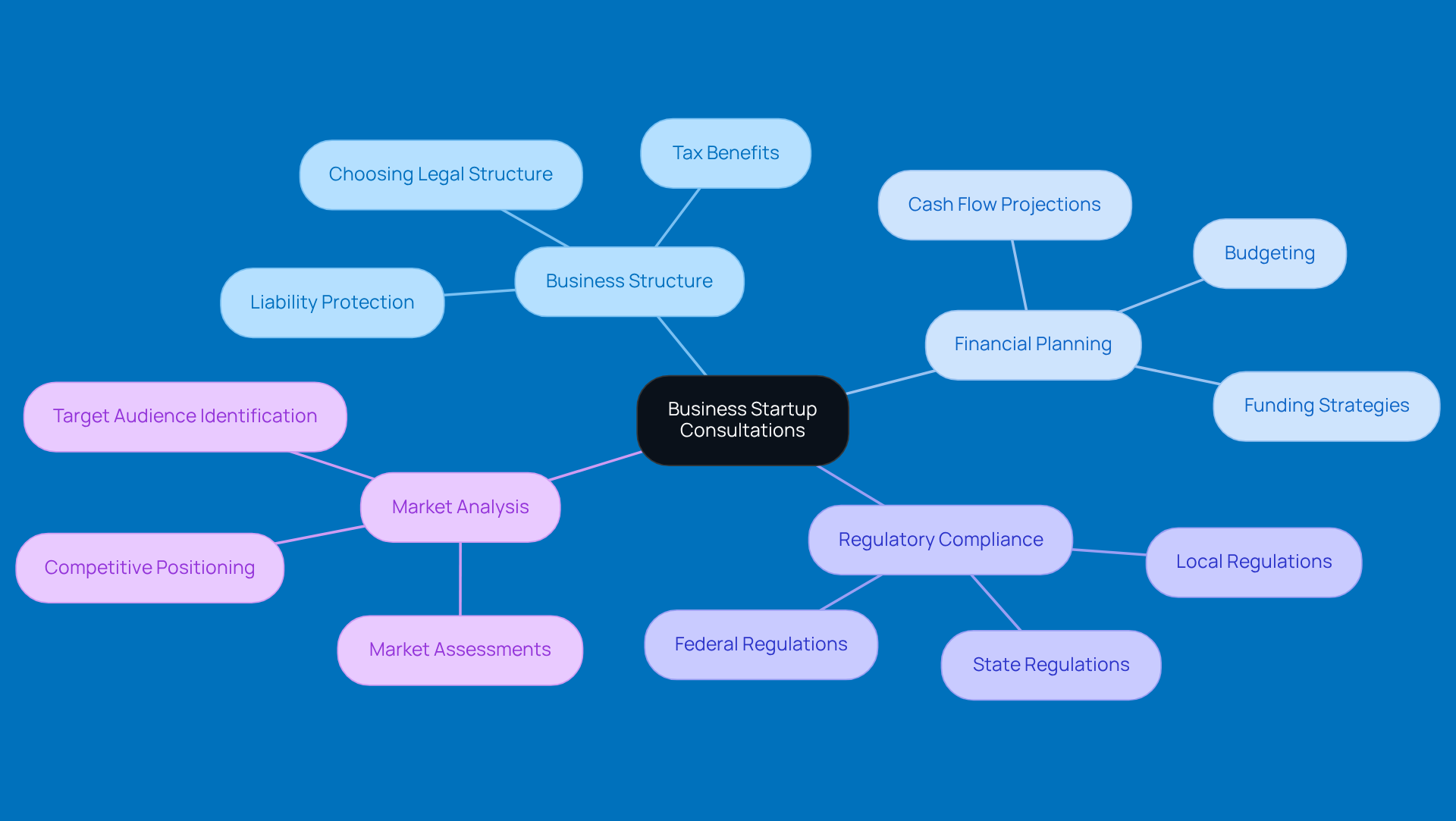 This mindmap shows the main topics covered in business startup consultations. Start at the center with the overall theme, then follow the branches to explore each key area and its important details. Each color represents a different focus area, making it easy to see how they connect. This mindmap shows the main topics covered in business startup consultations. Start at the center with the overall theme, then follow the branches to explore each key area and its important details. Each color represents a different focus area, making it easy to see how they connect.