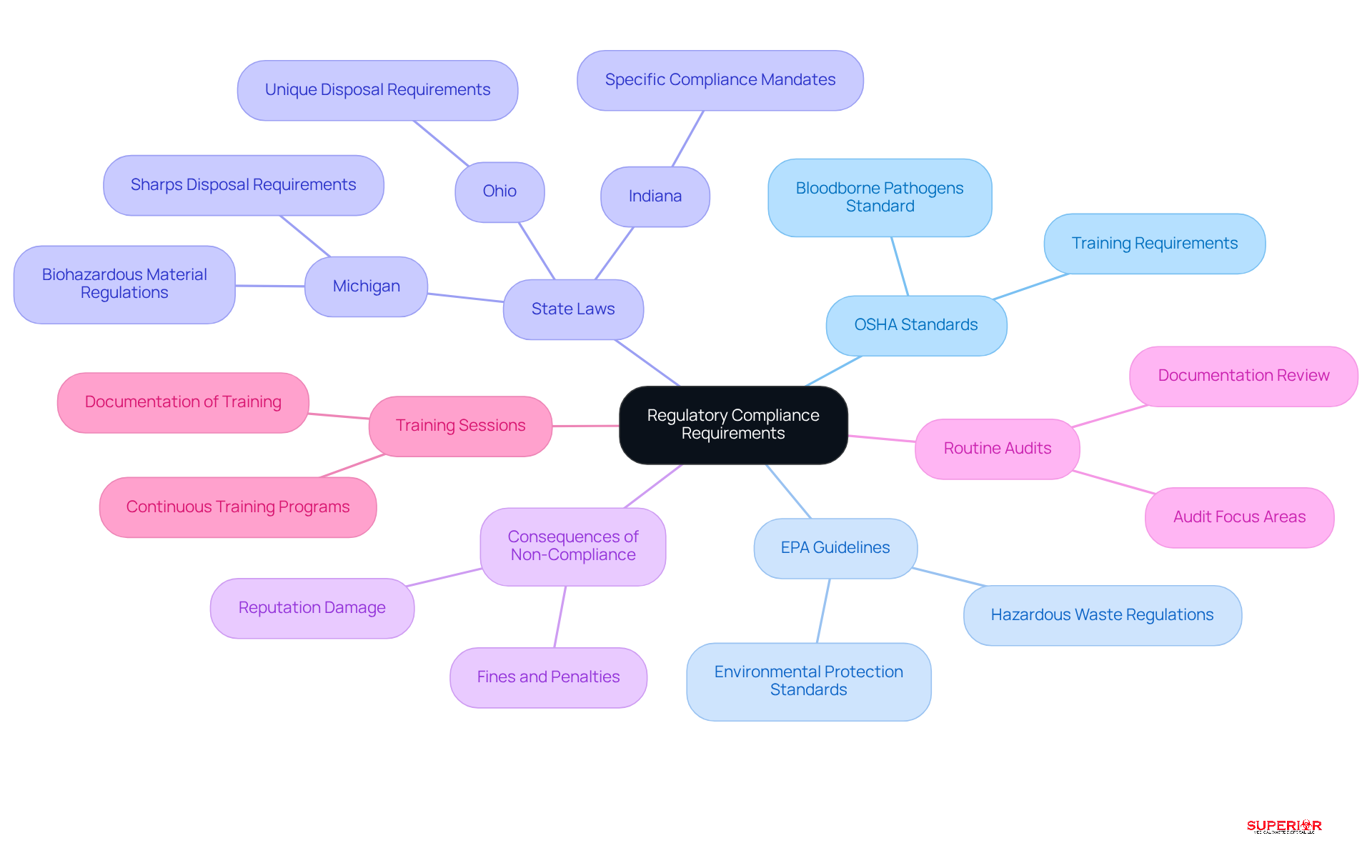 Start at the center with the main topic of regulatory compliance, then explore the branches to see the different regulations and their specific requirements. Each branch represents a key area of compliance, and the sub-branches provide more detailed information. Start at the center with the main topic of regulatory compliance, then explore the branches to see the different regulations and their specific requirements. Each branch represents a key area of compliance, and the sub-branches provide more detailed information.