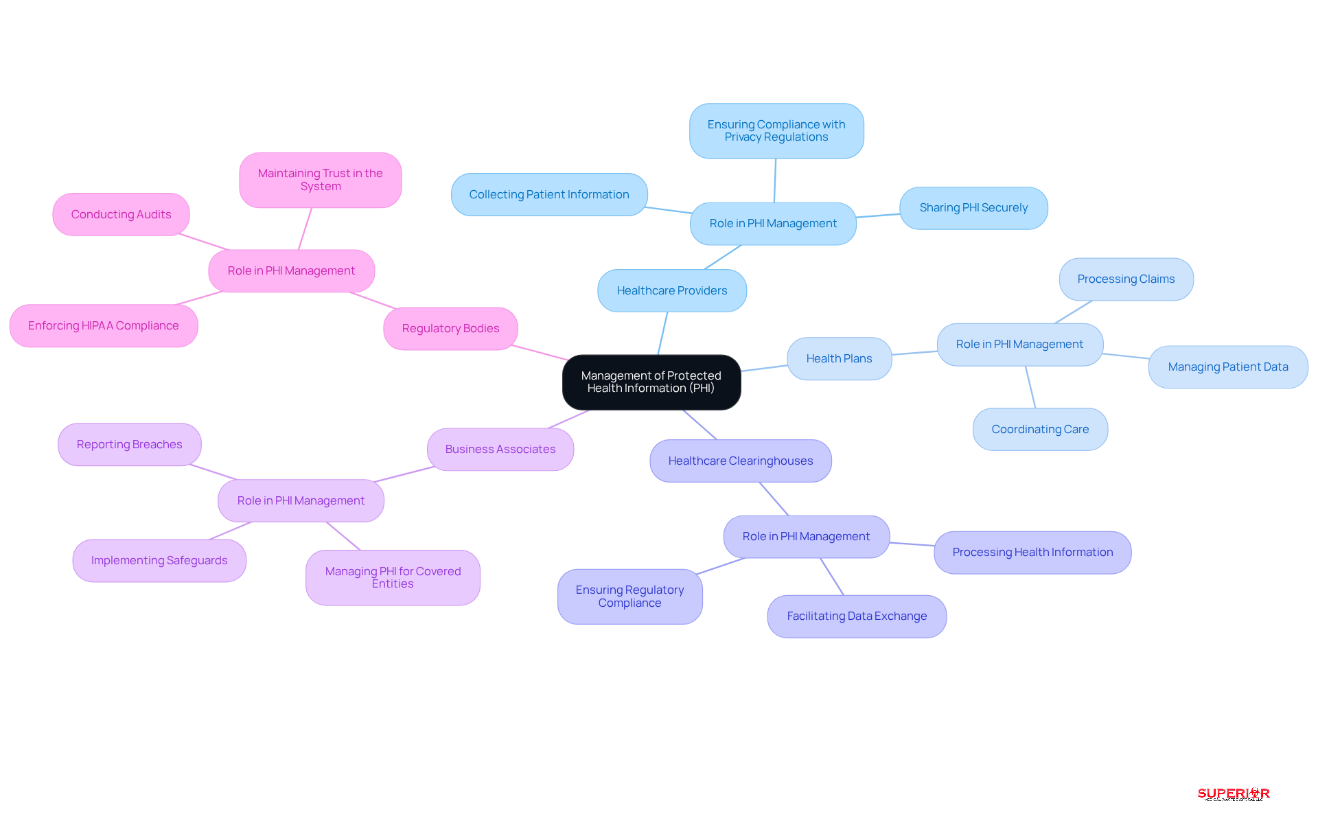 This mindmap illustrates the key players involved in managing Protected Health Information (PHI) in healthcare. Each branch represents a different stakeholder group, and the sub-branches detail their specific roles in safeguarding patient data. Follow the branches to see how these groups work together to ensure compliance and security.