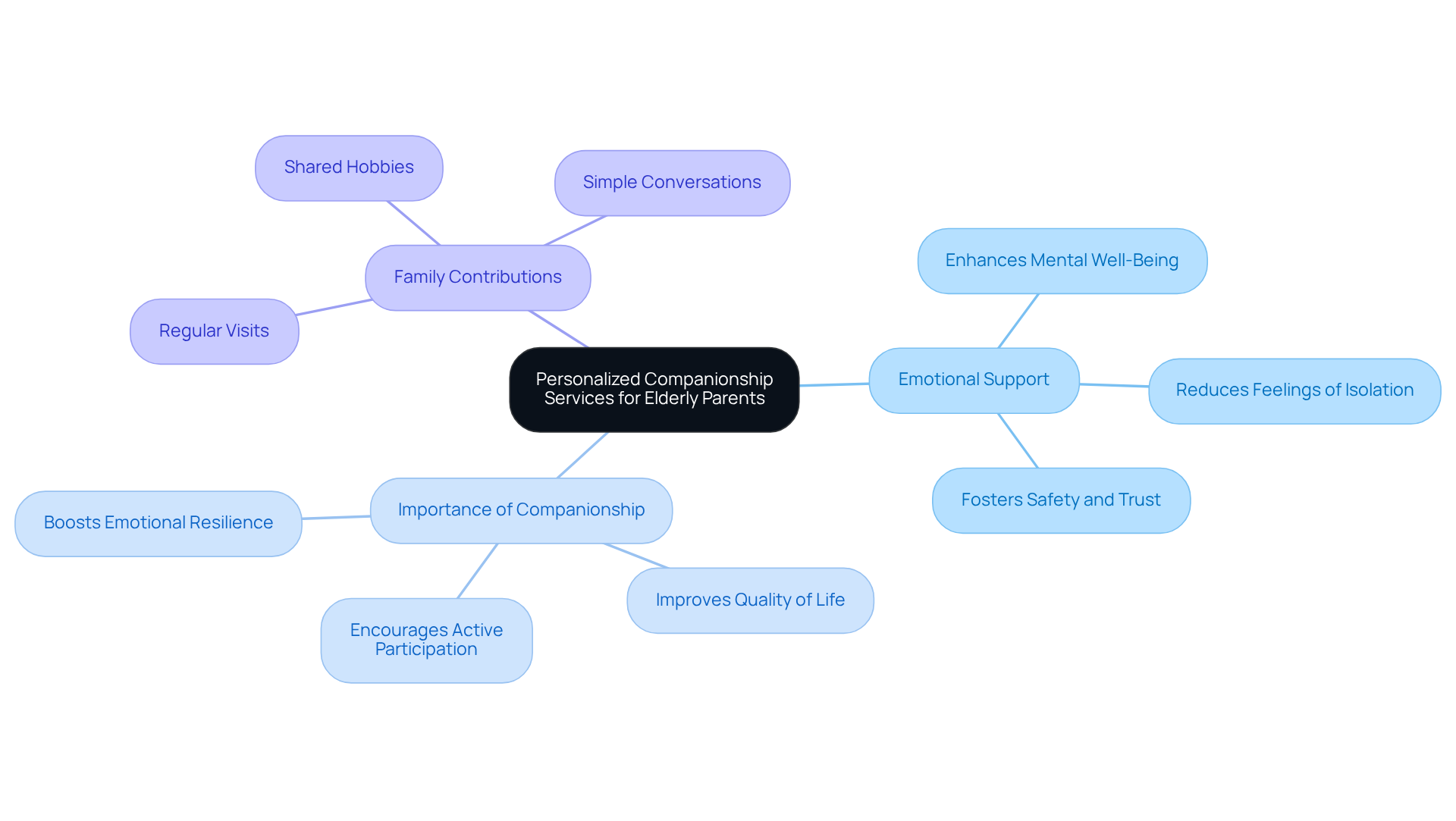 The center shows the main service focus, while branches highlight important aspects of emotional support and actionable steps families can take to enhance the well-being of elderly loved ones.