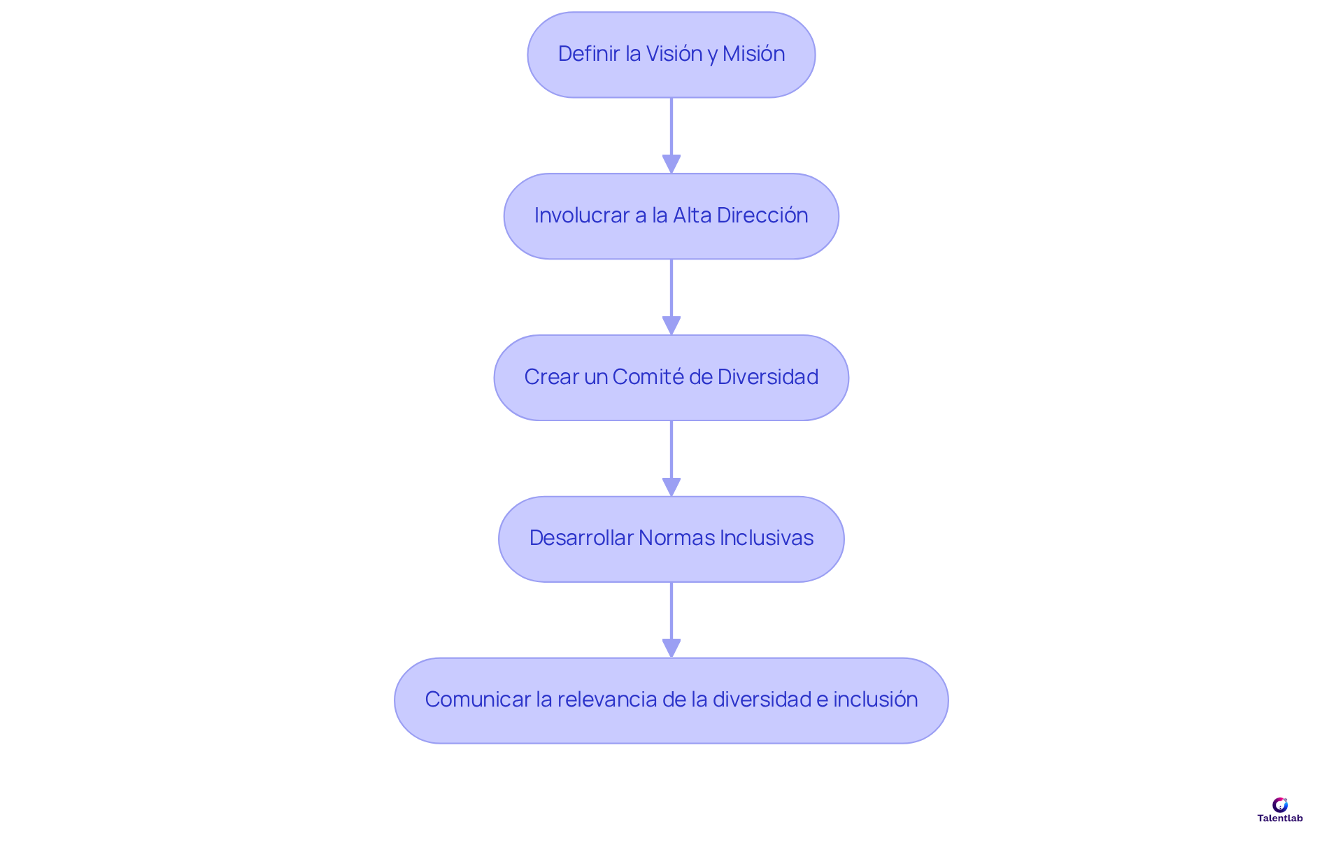 Cada cuadro representa un paso en el proceso de establecer la diversidad e inclusión en la organización. Sigue las flechas para ver cómo cada paso se conecta y contribuye al objetivo final.