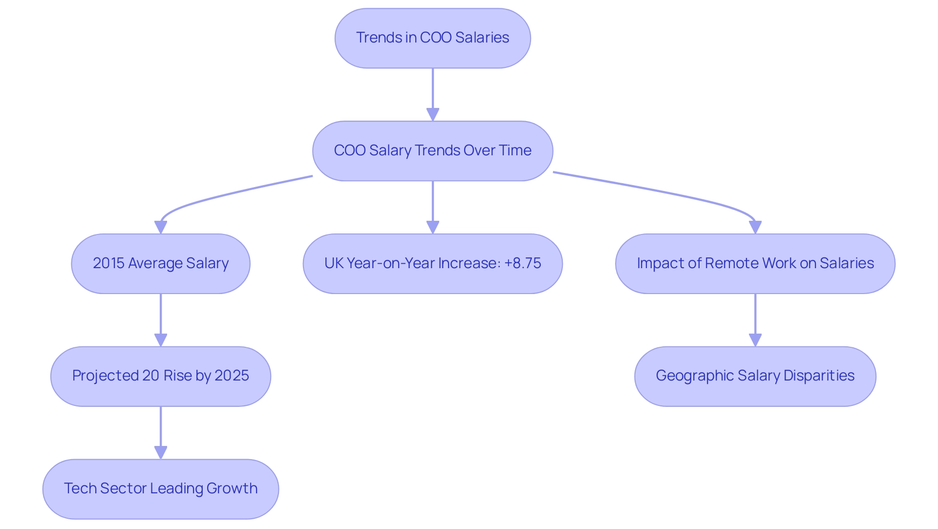 Each box represents a key trend or factor influencing COO salaries, with colors differentiating between salary changes, sector influences, and external factors.