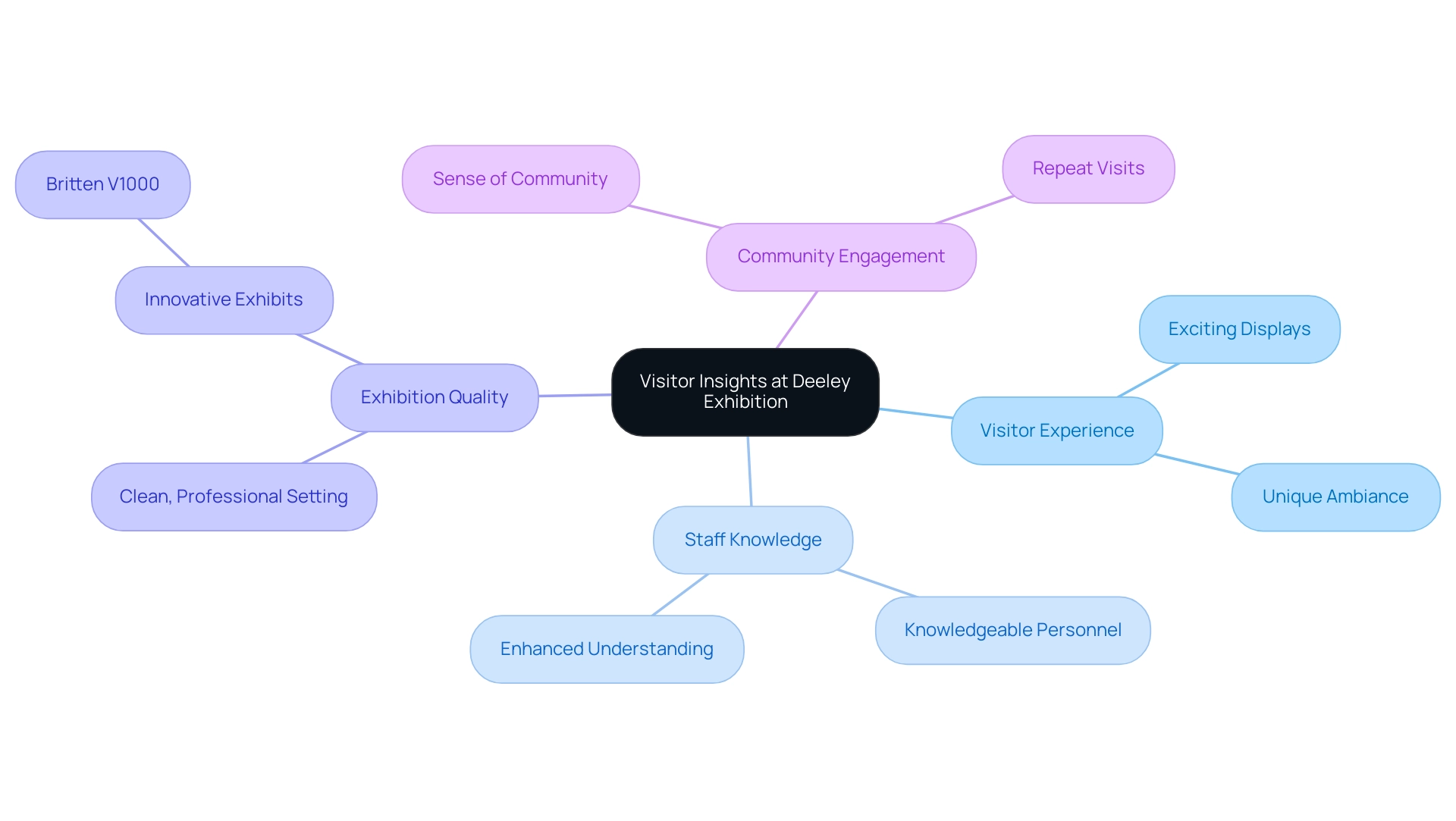 The central node represents overall visitor insights, with branches categorized into key themes such as experience, knowledge, quality, and community engagement, each containing specific feedback or observations.