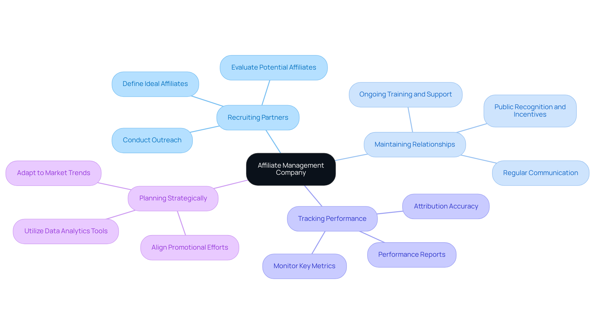This mindmap illustrates the core functions of an affiliate management company. Start at the center with the main concept, then explore each branch to see how these functions contribute to successful partnership management.