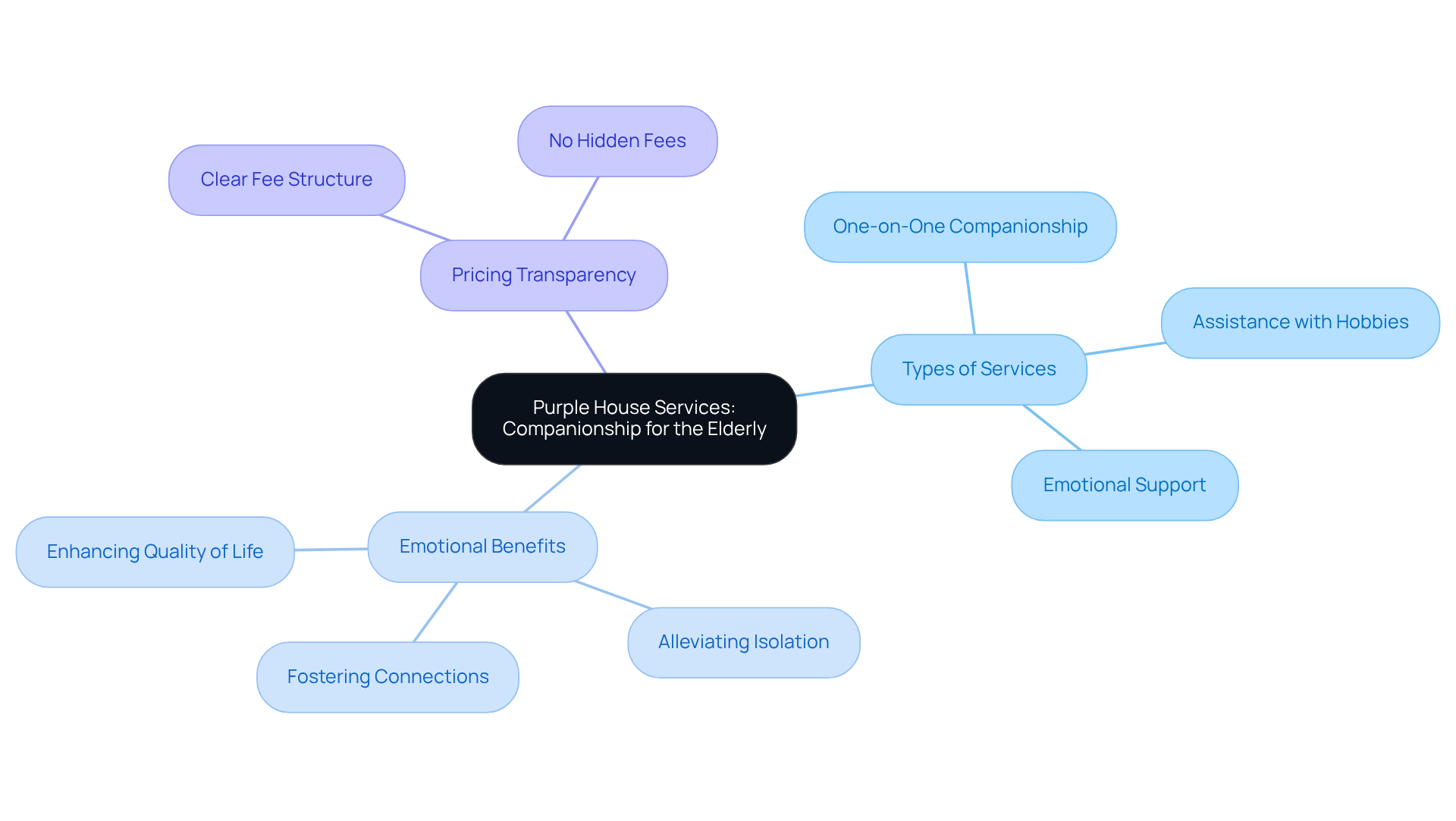 The central idea is about providing companionship for elderly clients, with branches showing the different services offered, their emotional benefits, and the commitment to transparent pricing.