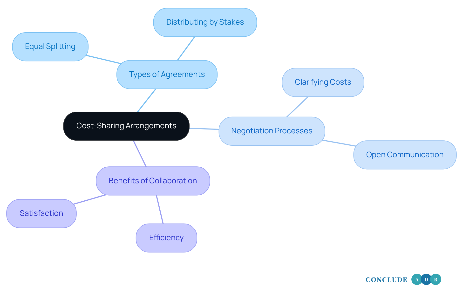 The central node represents the main theme, while branches reveal subtopics and details about cost-sharing arrangements, illustrating how everything connects and supports effective dispute resolution.
