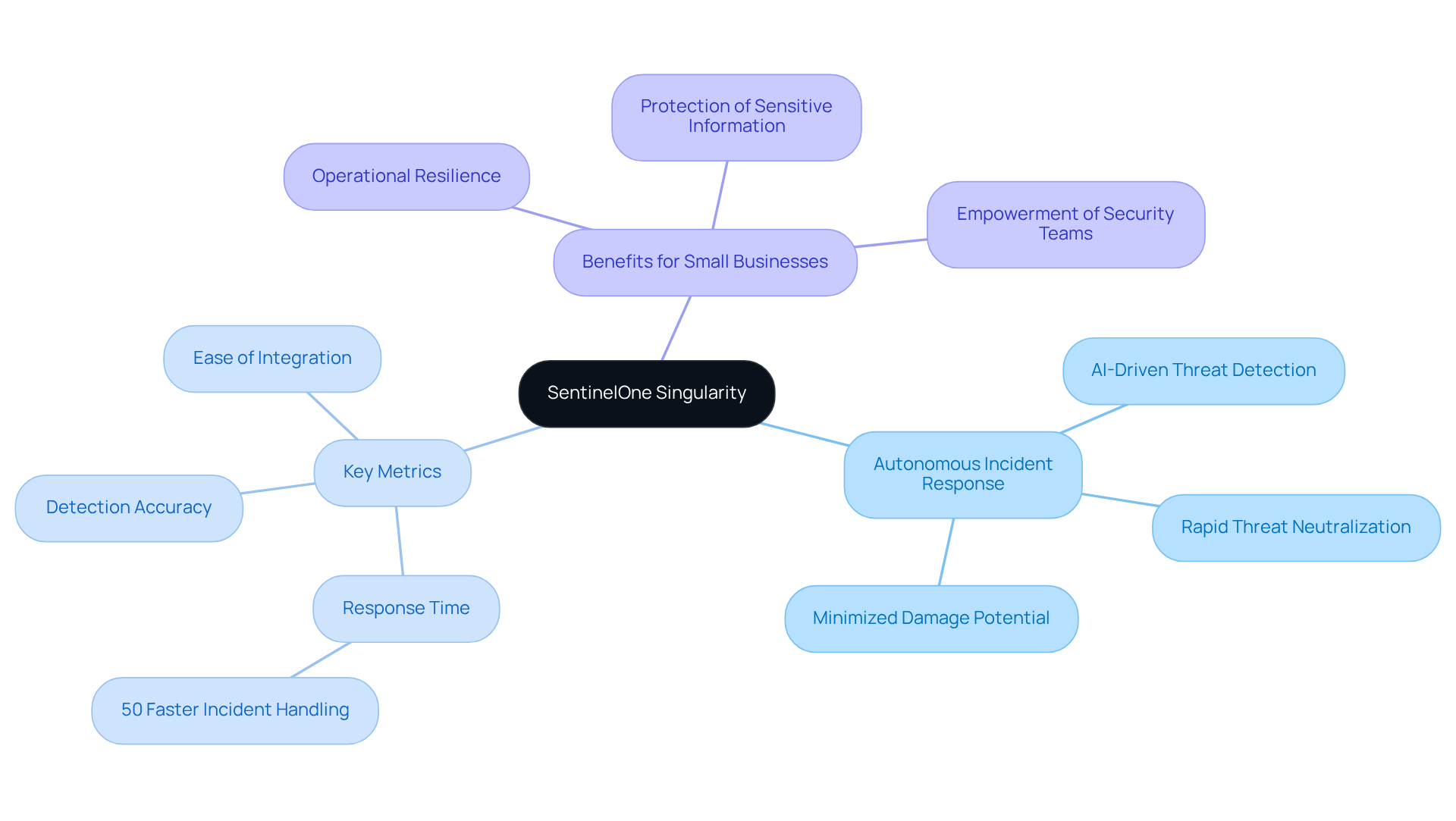 The center shows the main platform, and the branches illustrate its capabilities and metrics. Each branch helps you understand how SentinelOne can help small businesses defend against ransomware.