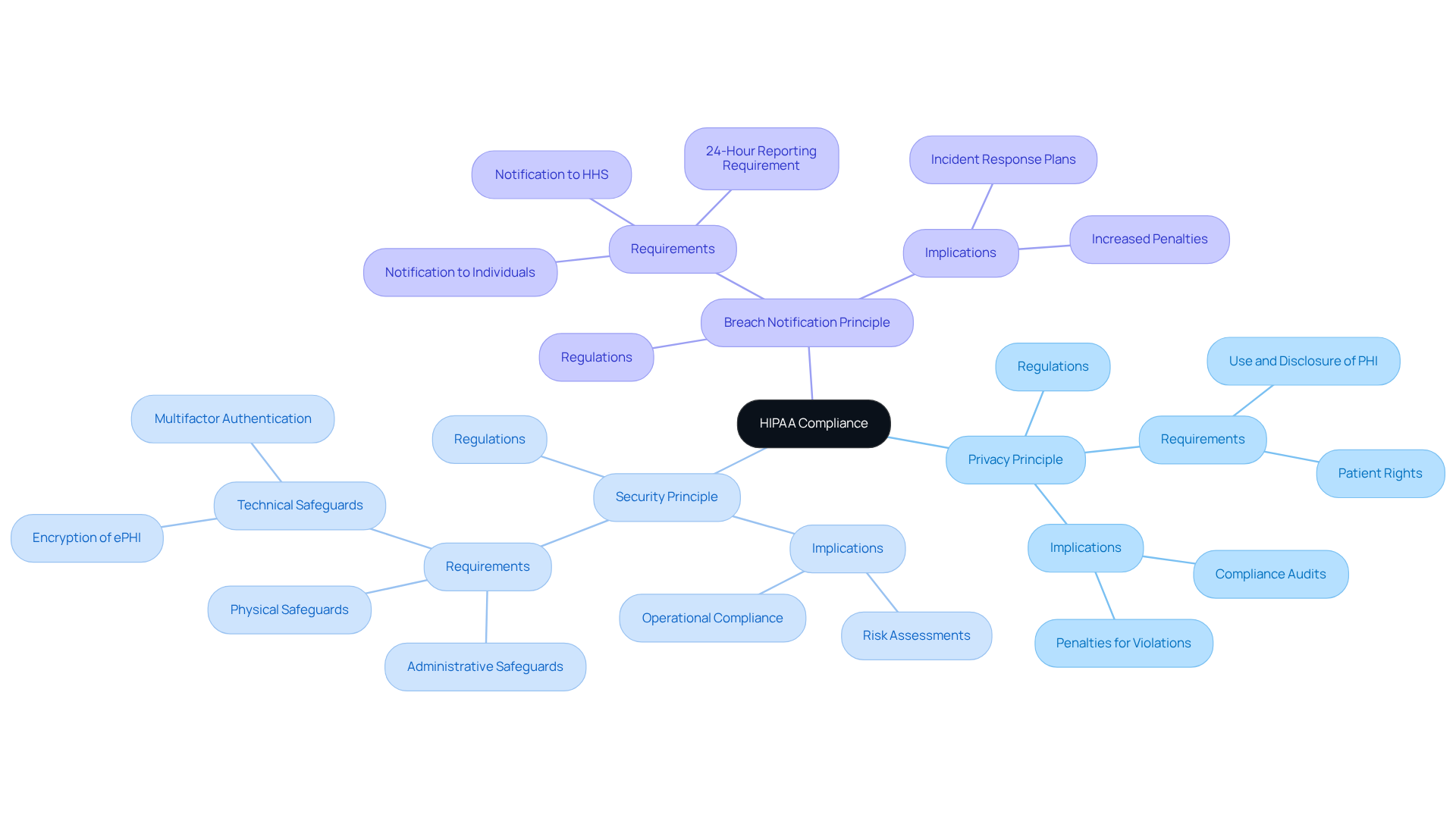 Start at the center with HIPAA Compliance, then explore each principle and its details by following the branches. Each color represents a different principle, helping you see how they relate to the overall goal of protecting health information.