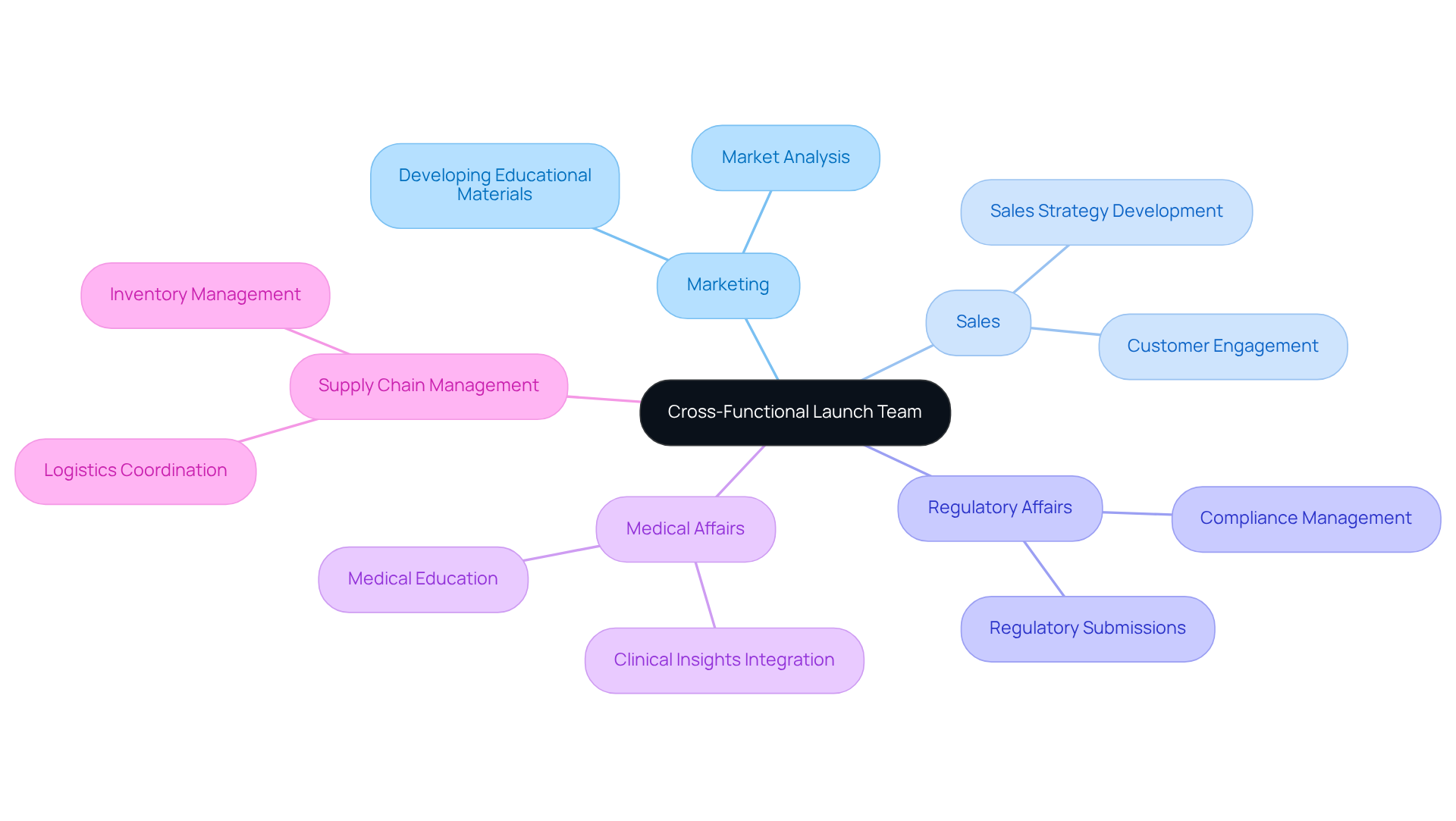 At the center is the concept of the cross-functional team, with each branch representing a key department. This visualization helps you see how various perspectives come together for a successful product launch.