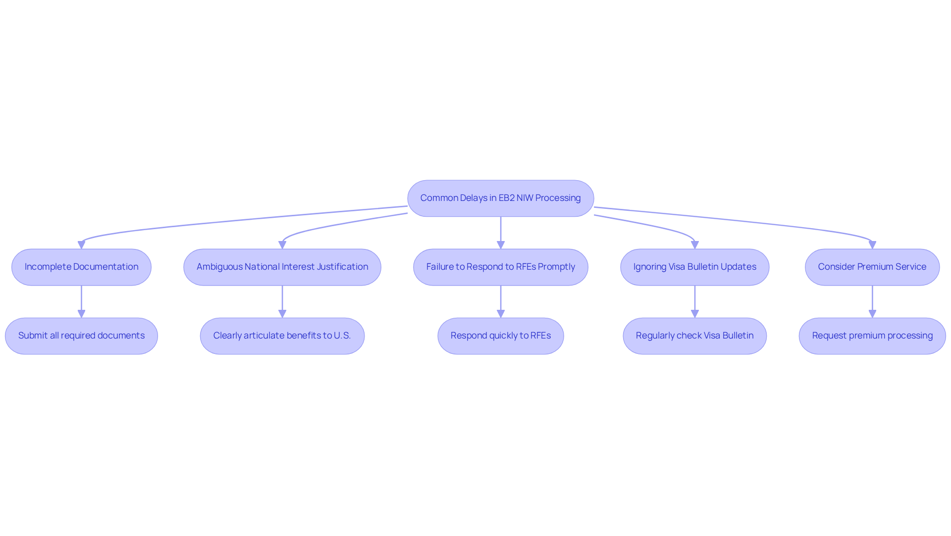 This flowchart shows common delays applicants face in the EB2 NIW process and how to avoid them. Follow the arrows to see each delay and the recommended action to take. The goal is to help you navigate the process more smoothly and efficiently.