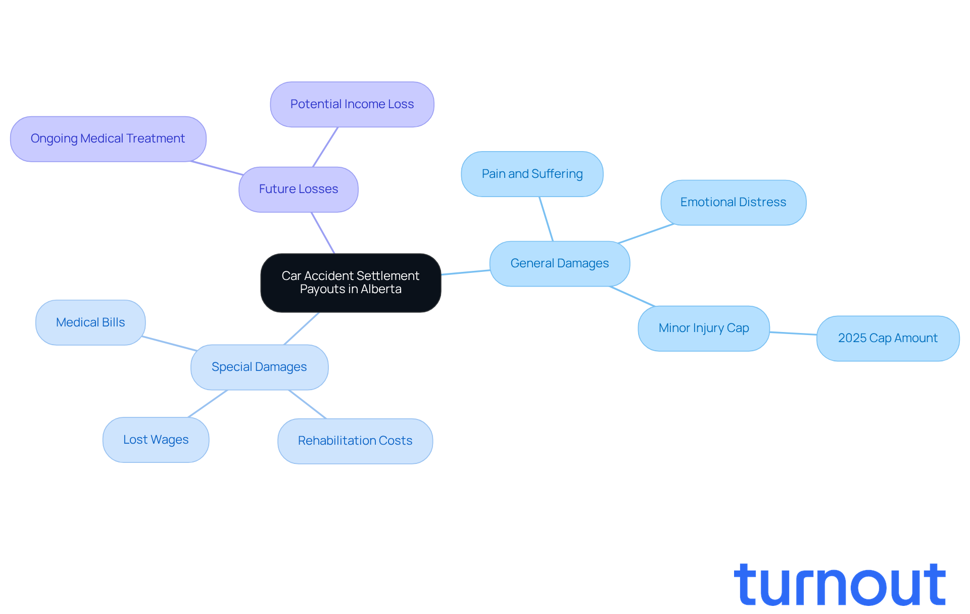 The central node represents the overall topic of settlement payouts, while the branches show the different categories of compensation. Each sub-branch provides specific details about what each category entails, helping you understand your options.