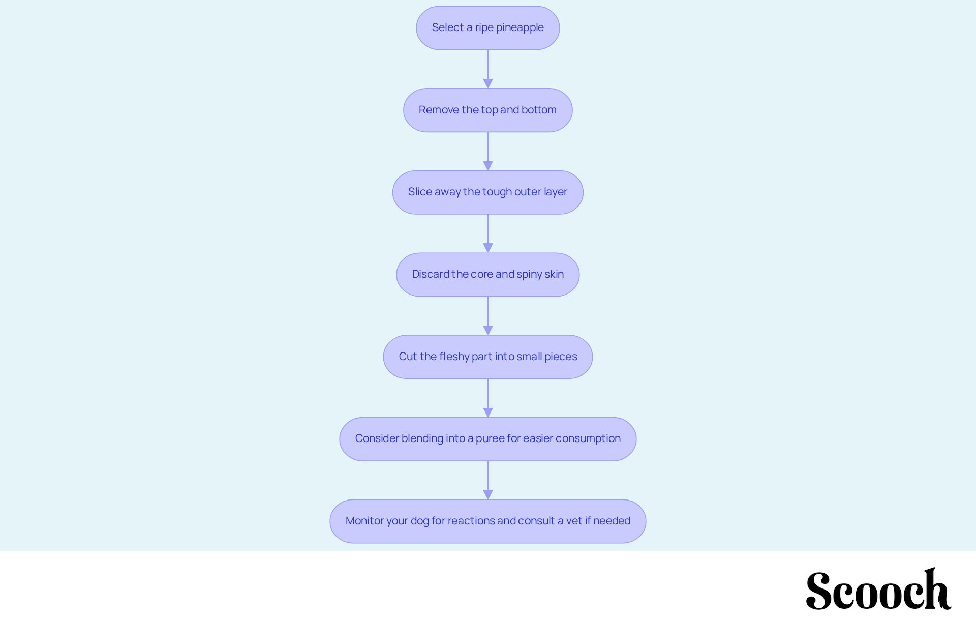 Follow the arrows to see how to safely prepare pineapple for your dog. Each box represents a crucial step to ensure the fruit is safe and enjoyable for your furry friend.