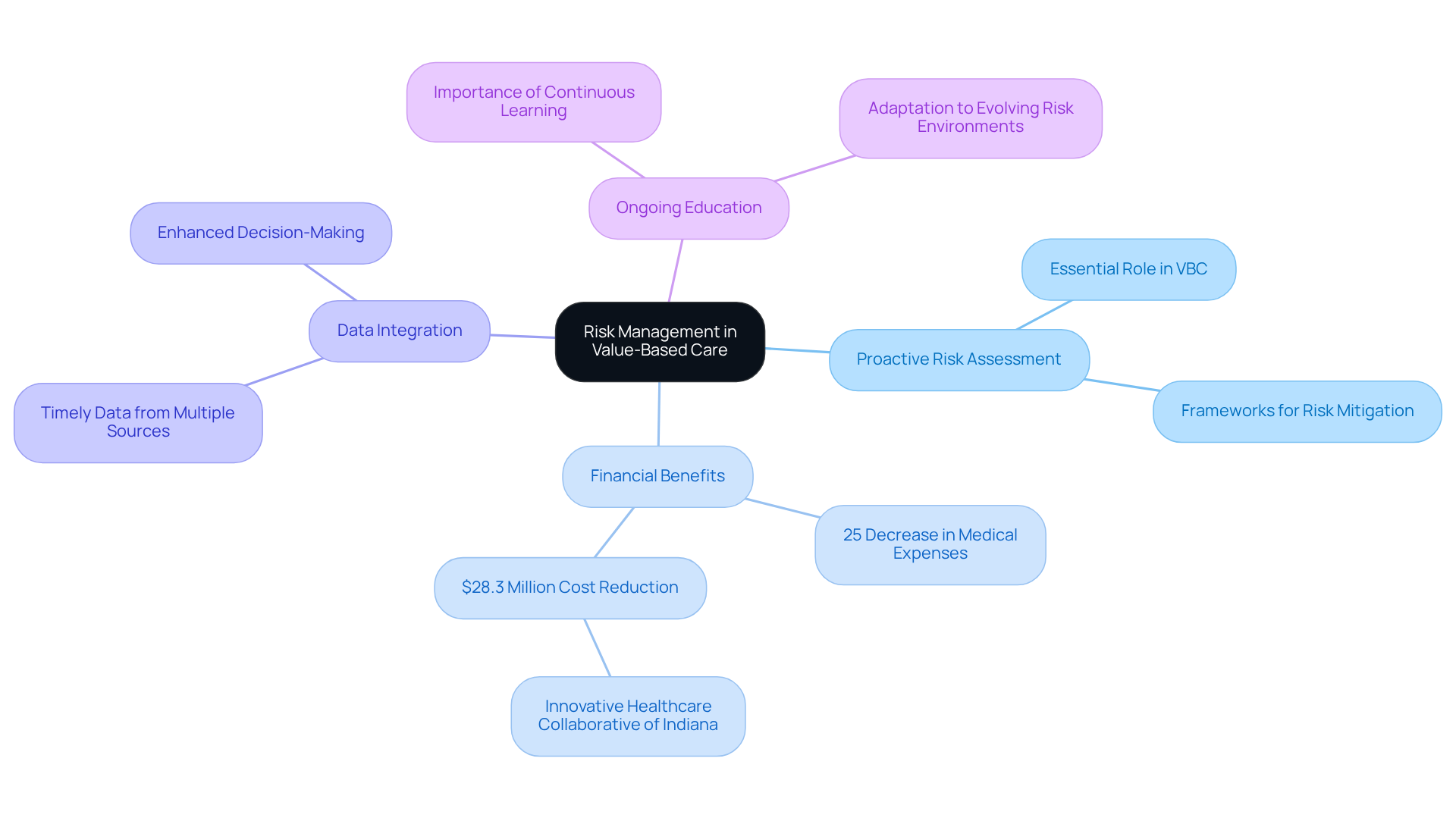 The central idea is about managing risks in healthcare. Each branch represents a critical area of focus, with further details branching out to show specific examples or insights. This layout helps in understanding how these concepts connect and support better healthcare outcomes.
