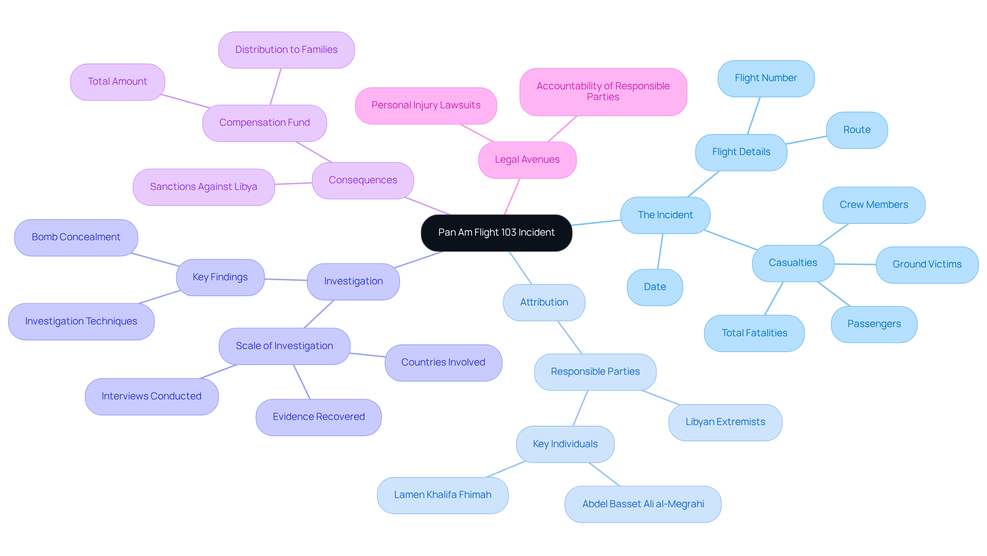 The central node represents the tragic event, with branches showing different aspects like the incident details, who was responsible, the investigation process, consequences, and legal options for victims' families.