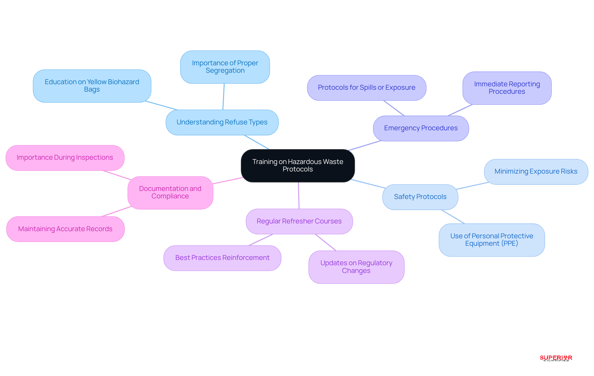 The center represents the overall training focus, while each branch shows a key component of the training. Follow the branches to see the specific details that support each main area.