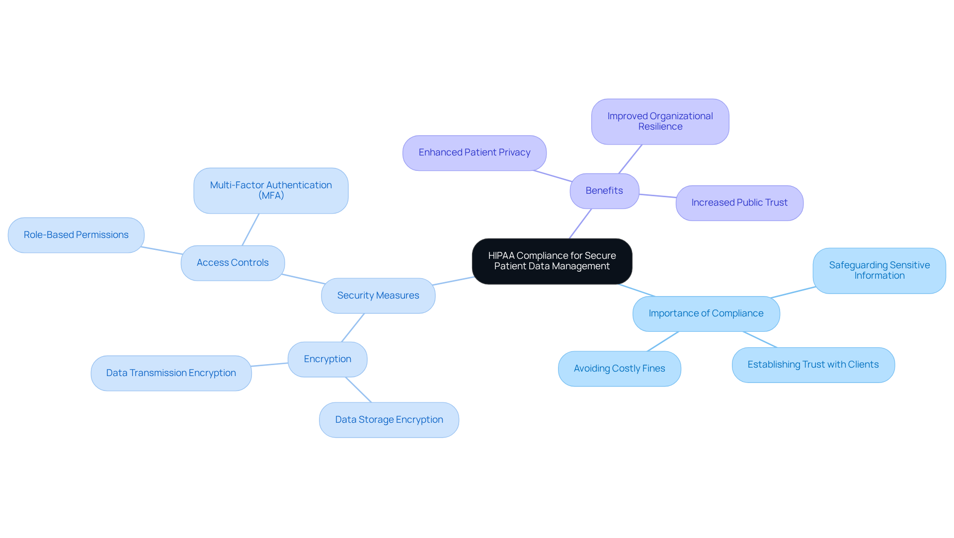 Start at the center with HIPAA compliance, then explore how it connects to security measures and the benefits for medical practitioners and their clients.