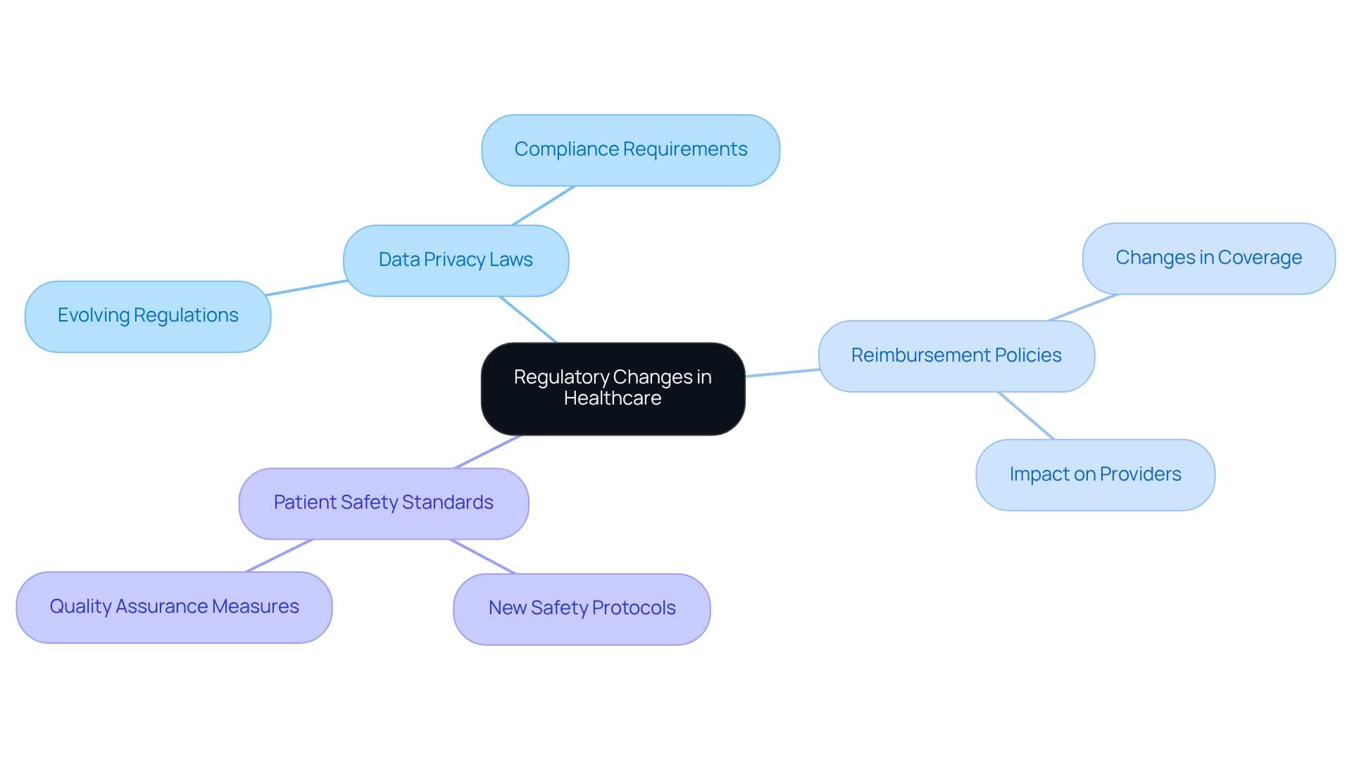 The central node represents the overarching theme of regulatory changes, while the branches illustrate key focus areas and their importance in the healthcare landscape. Follow the branches to see how each area contributes to organizational strategy.