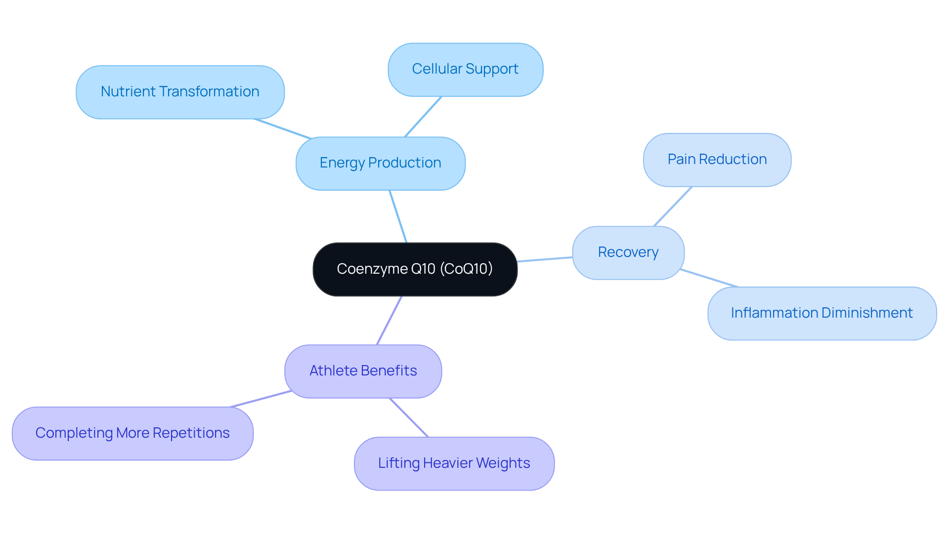 This mindmap illustrates how CoQ10 supports energy production and recovery for athletes. Each branch represents a key area of benefit, showing how CoQ10 can enhance performance and overall wellness.