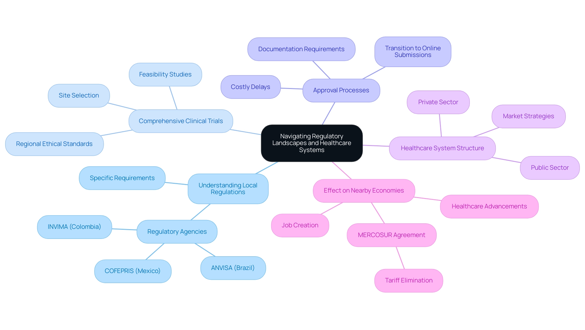 The central node represents the overall theme, with branches indicating the critical factors for navigating regulatory landscapes, each color-coded for easy identification.