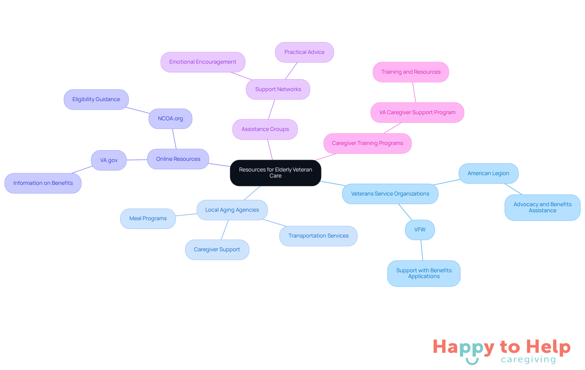 The central node represents the main topic of resources for elderly veterans, while each branch shows a different type of support available. Follow the branches to explore specific organizations and programs that can help families provide better care.