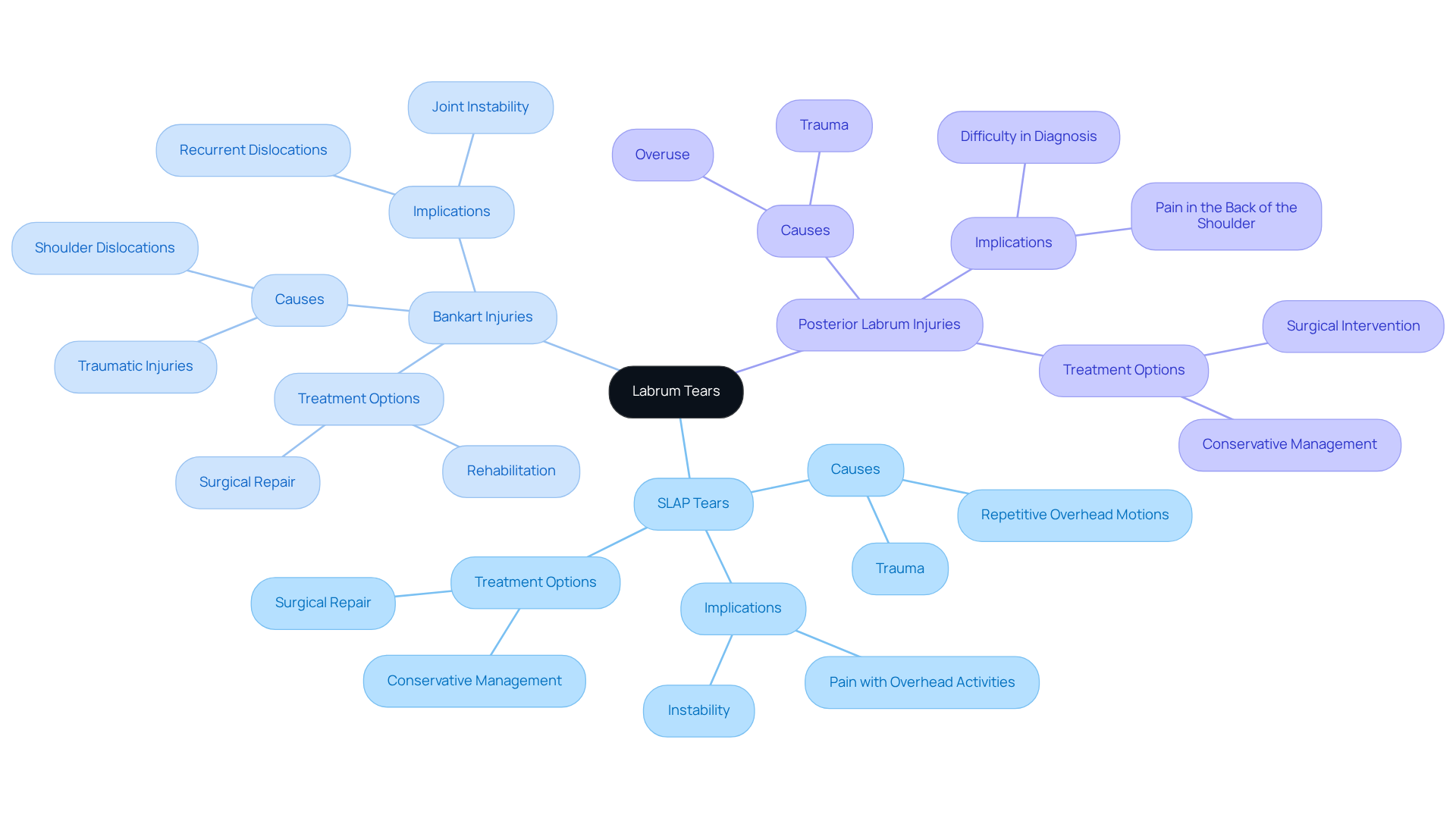 The center represents labrum tears, and each branch shows a specific type of tear. Follow the branches to learn about causes and treatments for each type.