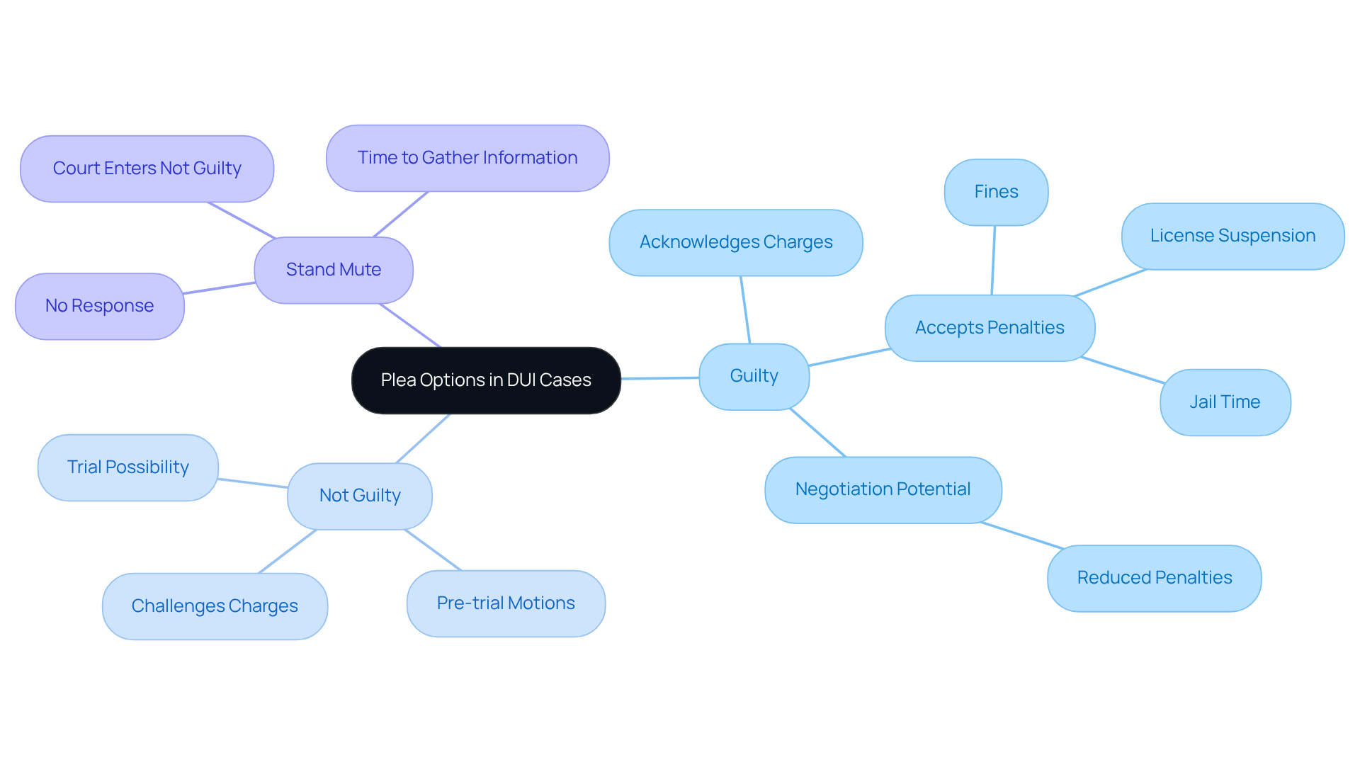 The central node represents the overall topic of plea options. Each branch shows a different plea type, with further details branching out to explain what each plea means and its potential consequences.