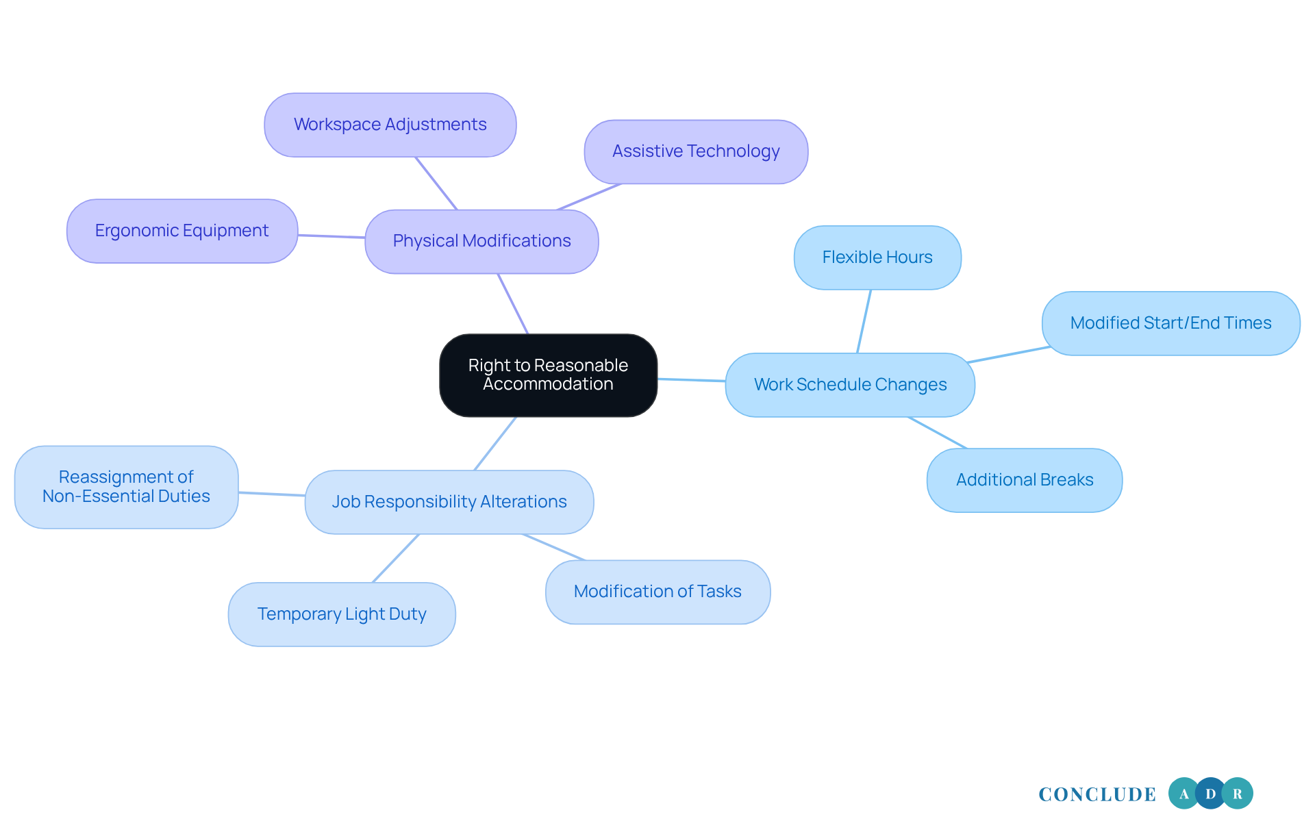 The central node represents your right to request accommodations, while the branches show specific types of adjustments you can ask for. Each branch helps you visualize your options and understand how they relate to your workplace needs.