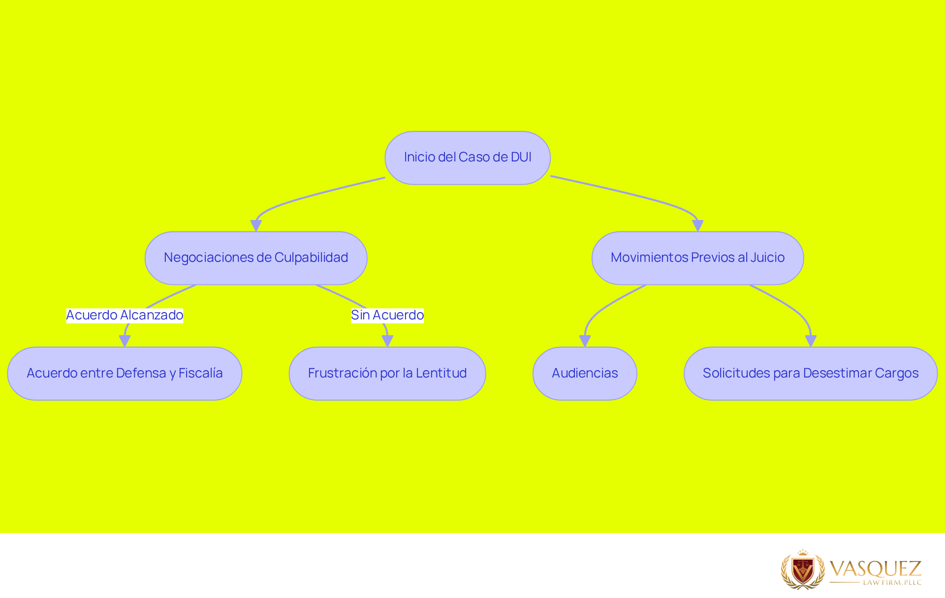 Cada cuadro representa una etapa del proceso legal. Sigue las flechas para entender cómo cada acción puede influir en la duración del caso.