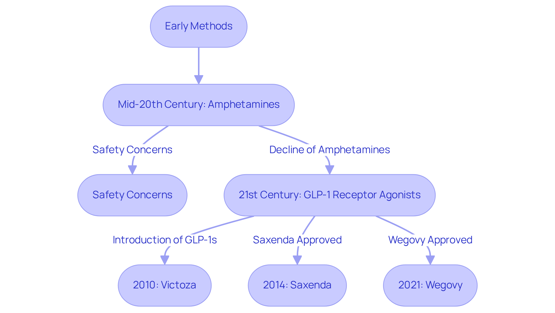 This flowchart shows the timeline of weight loss injections, starting from early methods to modern GLP-1 treatments. Each box represents a significant development in the field, with arrows indicating how they relate to one another and the growing understanding of obesity management.