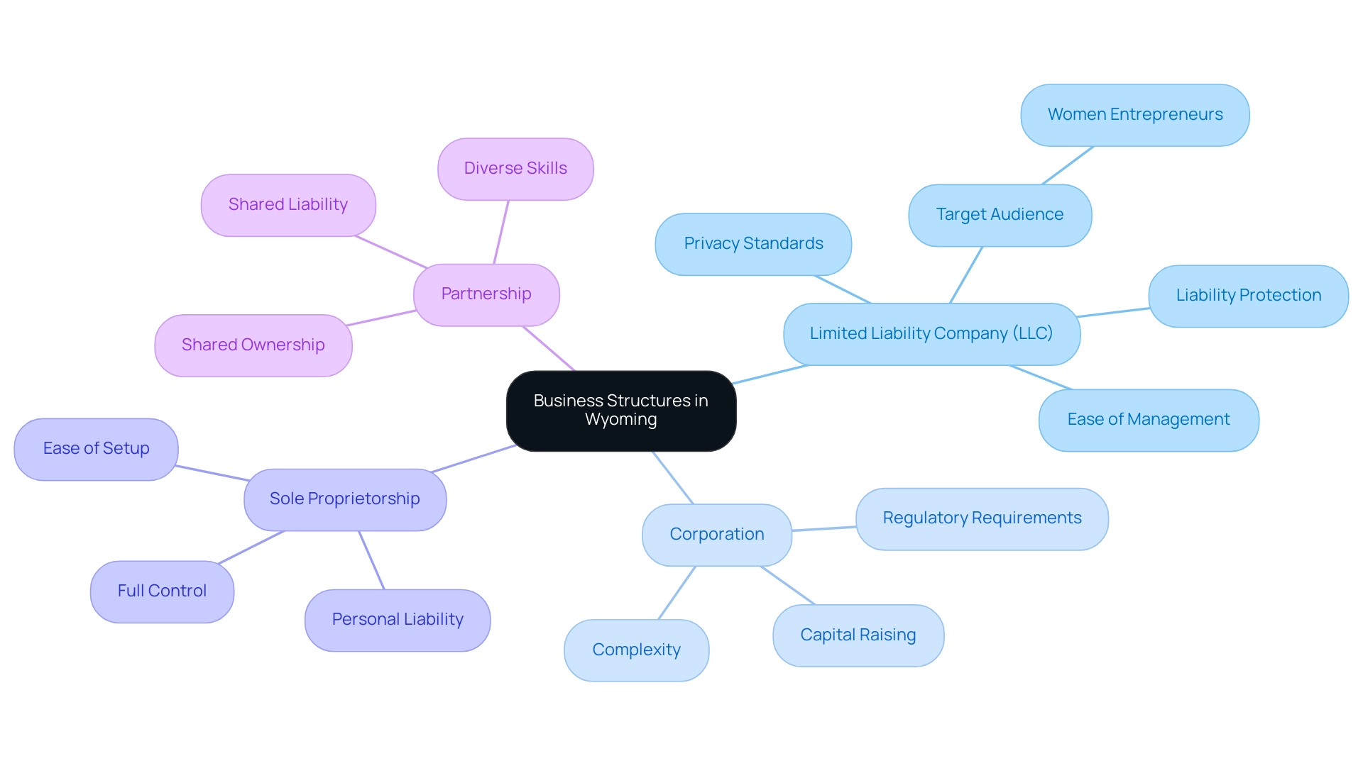 Each branch represents a different business structure, with colors indicating the type: LLCs (blue), Corporations (green), Sole Proprietorships (yellow), and Partnerships (purple).