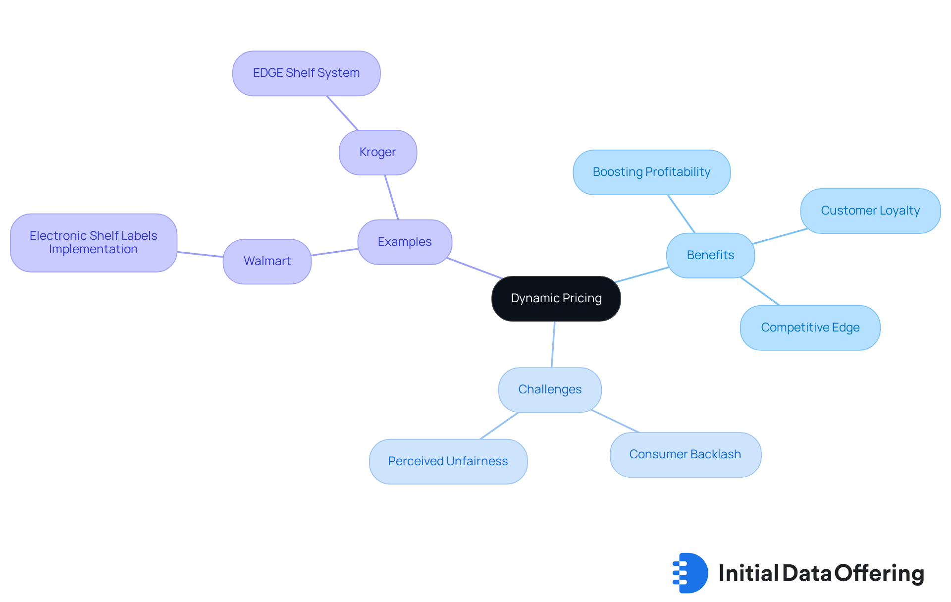 The center represents dynamic pricing, with branches showing its benefits, challenges, and real-world examples. Each branch helps you see how these elements contribute to the overall strategy.