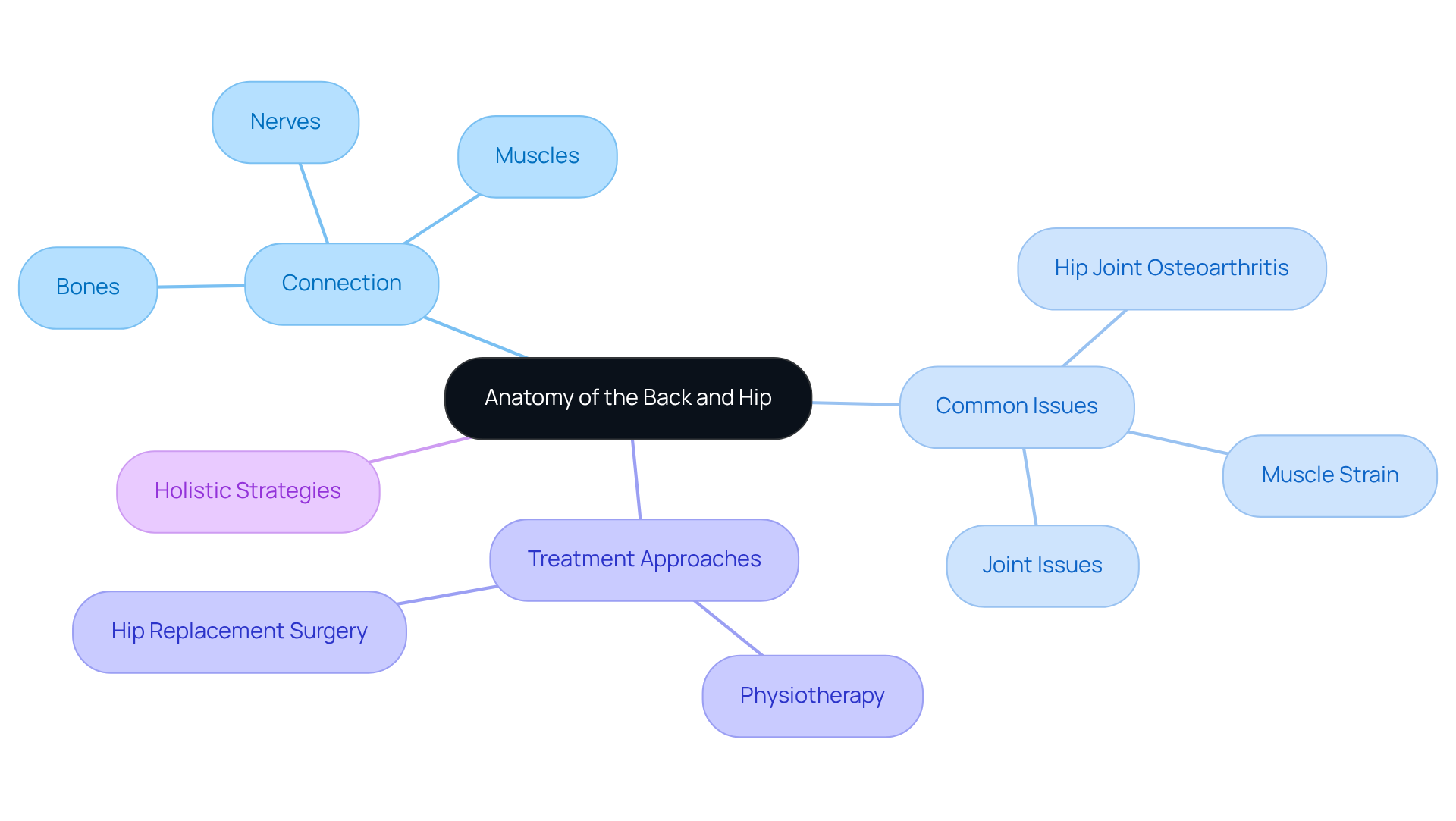 This mindmap illustrates how the lower back and hips are interconnected. Each branch represents a different aspect of their anatomy, common issues, and treatment strategies. Follow the branches to explore how these elements relate to each other. This mindmap illustrates how the lower back and hips are interconnected. Each branch represents a different aspect of their anatomy, common issues, and treatment strategies. Follow the branches to explore how these elements relate to each other.