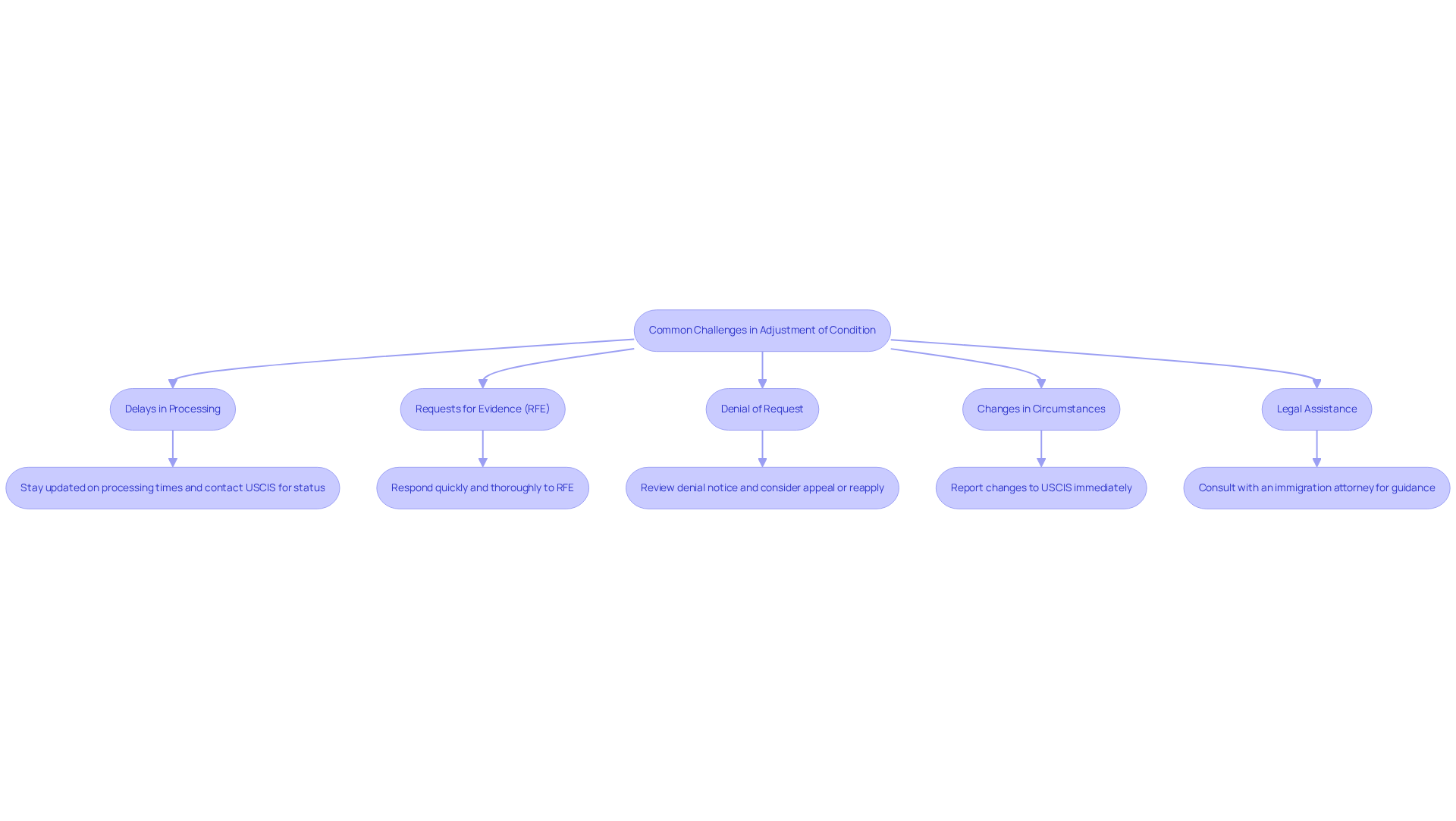 Each box represents a common challenge you might face during the Adjustment of Condition process. Follow the arrows to see the recommended strategies for overcoming these challenges.