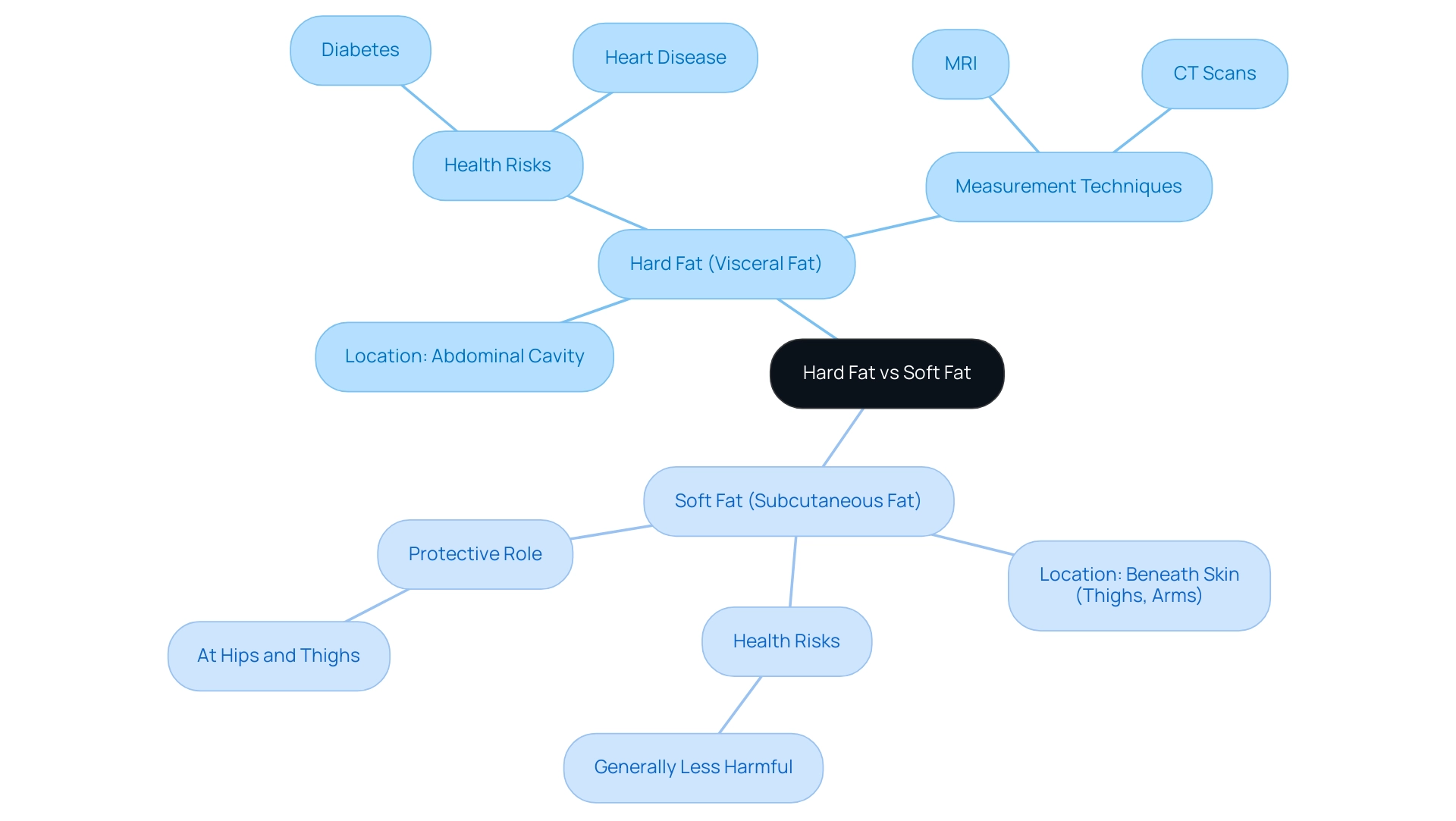 The central node represents the comparison of fat types, with branches showing key differences, locations, health risks, and measurement techniques.