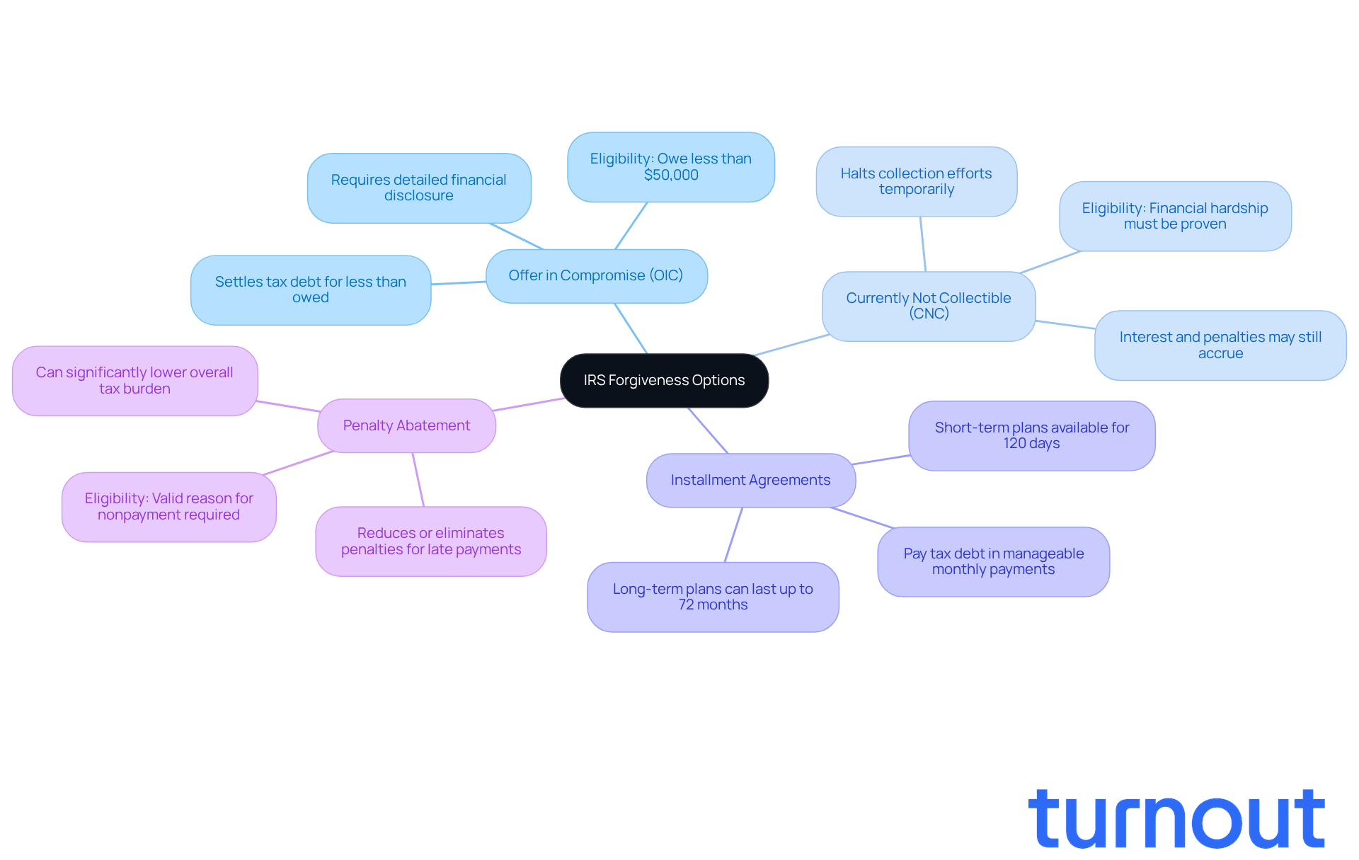 The center represents the main topic of IRS forgiveness options. Each branch shows a different option available to taxpayers, and the sub-branches provide additional details about what each option entails.