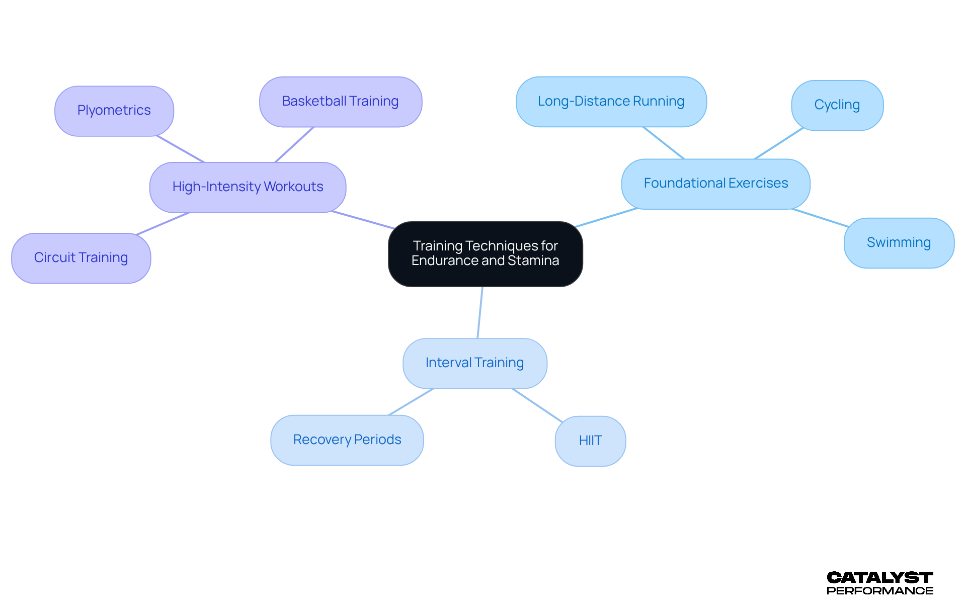 The central node represents the main topic of training techniques. Each branch shows a different category of training, with sub-branches detailing specific exercises or methods. This layout helps you see how various techniques connect and contribute to improving endurance and stamina. The central node represents the main topic of training techniques. Each branch shows a different category of training, with sub-branches detailing specific exercises or methods. This layout helps you see how various techniques connect and contribute to improving endurance and stamina.
