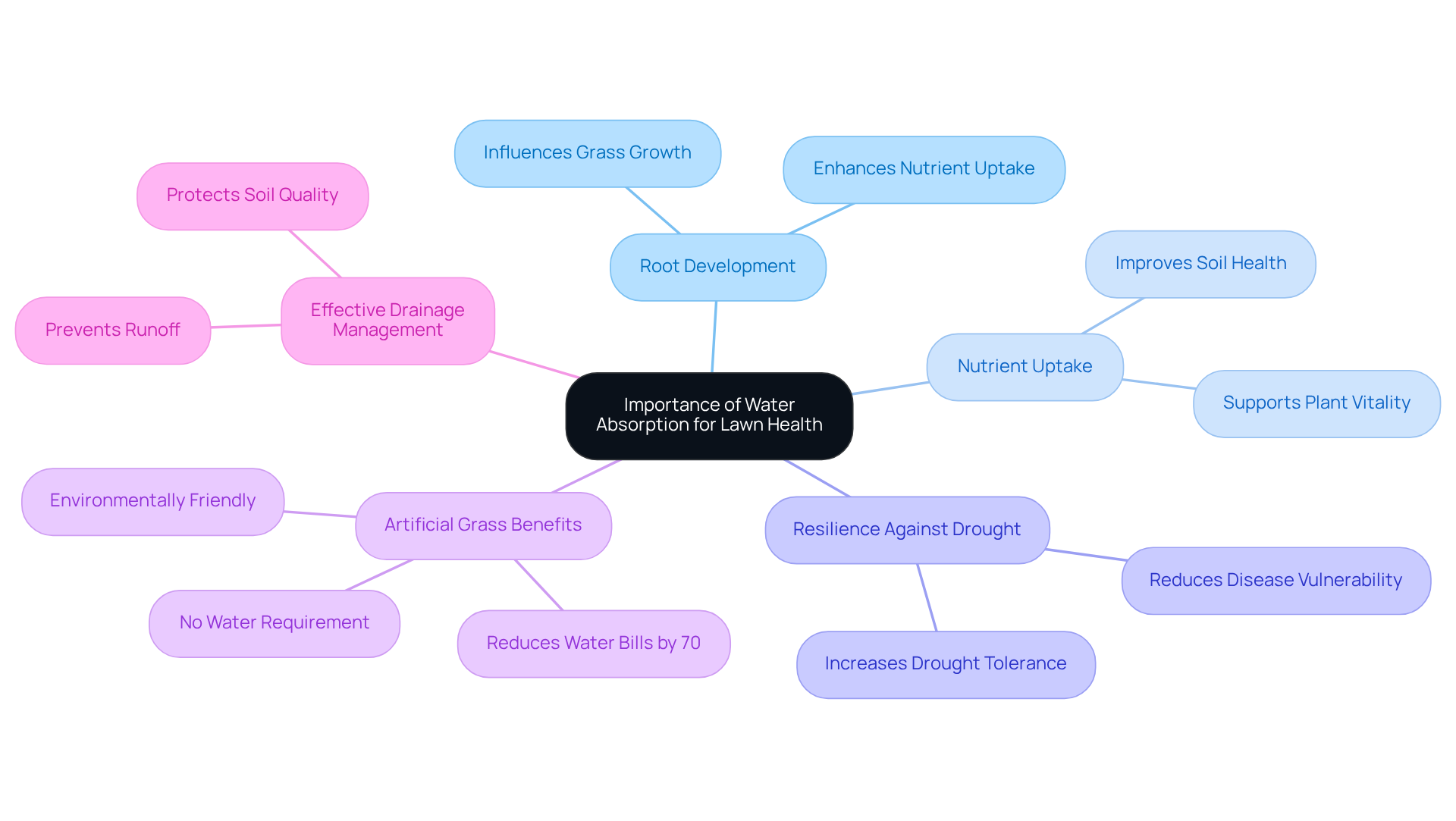 This mindmap illustrates how water absorption is crucial for lawn health. Each branch represents a key aspect of how turf benefits from water, while contrasting points about artificial grass and drainage management show the broader context. Follow the branches to explore how each point connects to the central theme. This mindmap illustrates how water absorption is crucial for lawn health. Each branch represents a key aspect of how turf benefits from water, while contrasting points about artificial grass and drainage management show the broader context. Follow the branches to explore how each point connects to the central theme.