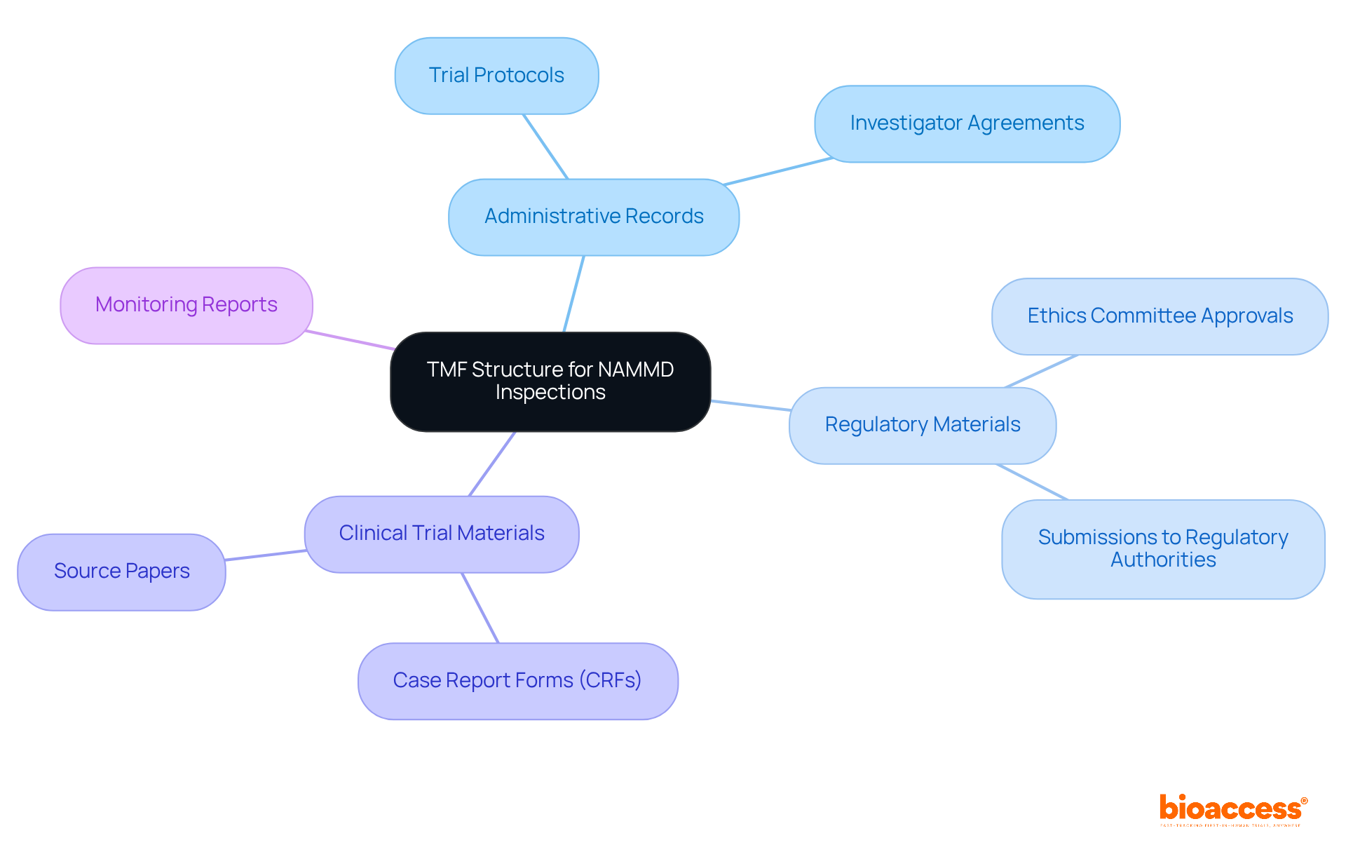 The center represents the overall TMF structure, while the branches show the key components that make up the file. Each sub-item under the branches provides more detail about what is included in each section.