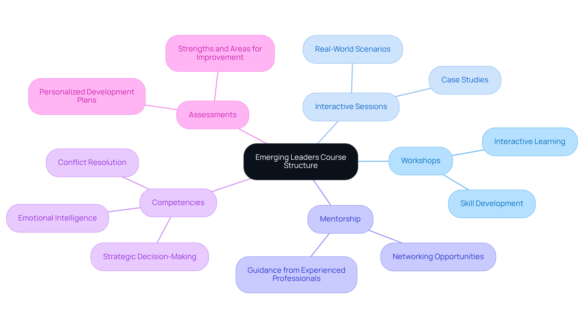 Start at the center with the course structure, then explore each branch to see the different components that contribute to developing effective leaders. Start at the center with the course structure, then explore each branch to see the different components that contribute to developing effective leaders.