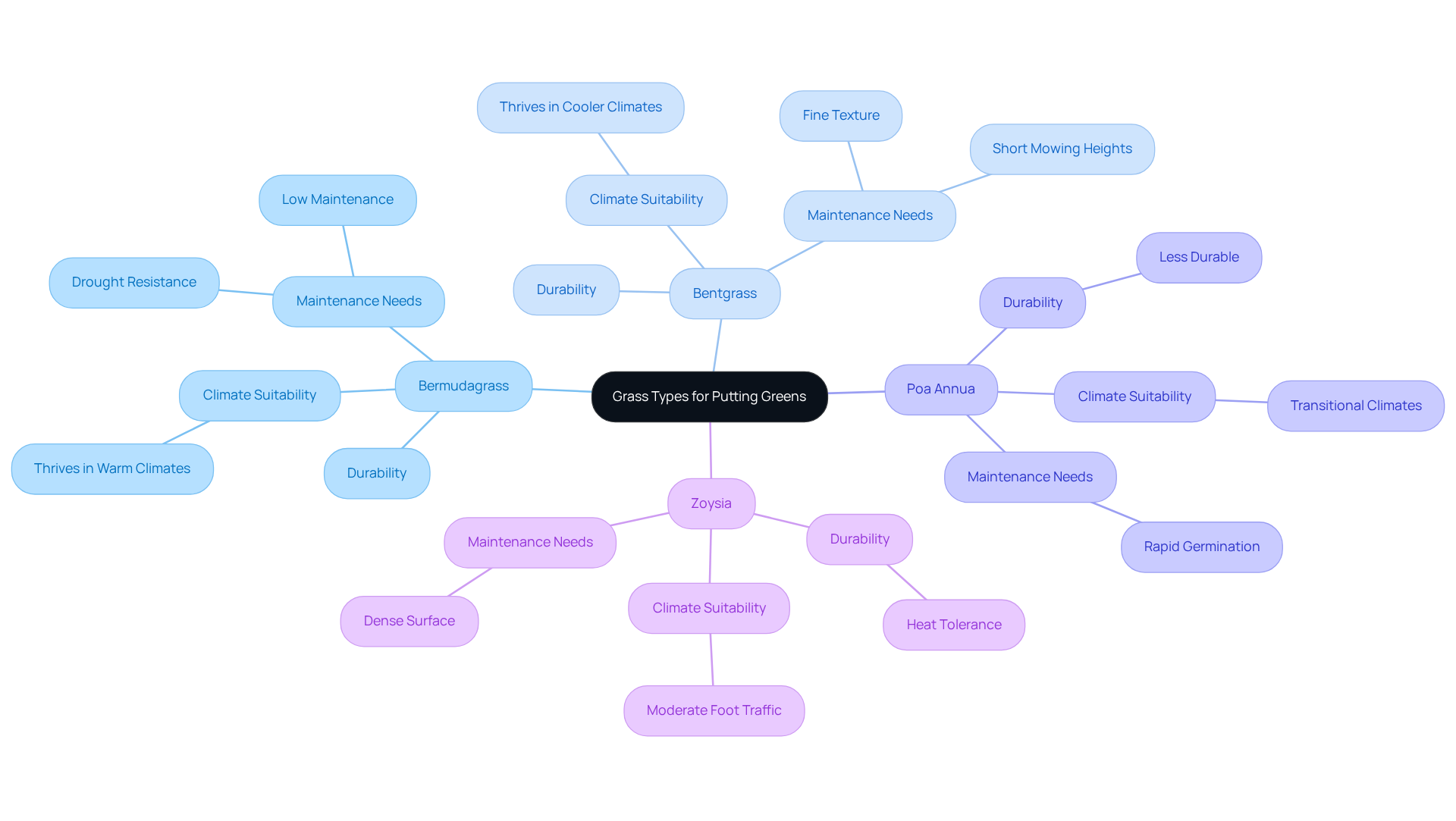 The central node represents the main topic of grass types for putting greens. Each branch shows a specific type of grass, and the sub-branches highlight their unique benefits and characteristics. This layout helps you quickly understand which grass might be best for your needs. The central node represents the main topic of grass types for putting greens. Each branch shows a specific type of grass, and the sub-branches highlight their unique benefits and characteristics. This layout helps you quickly understand which grass might be best for your needs.
