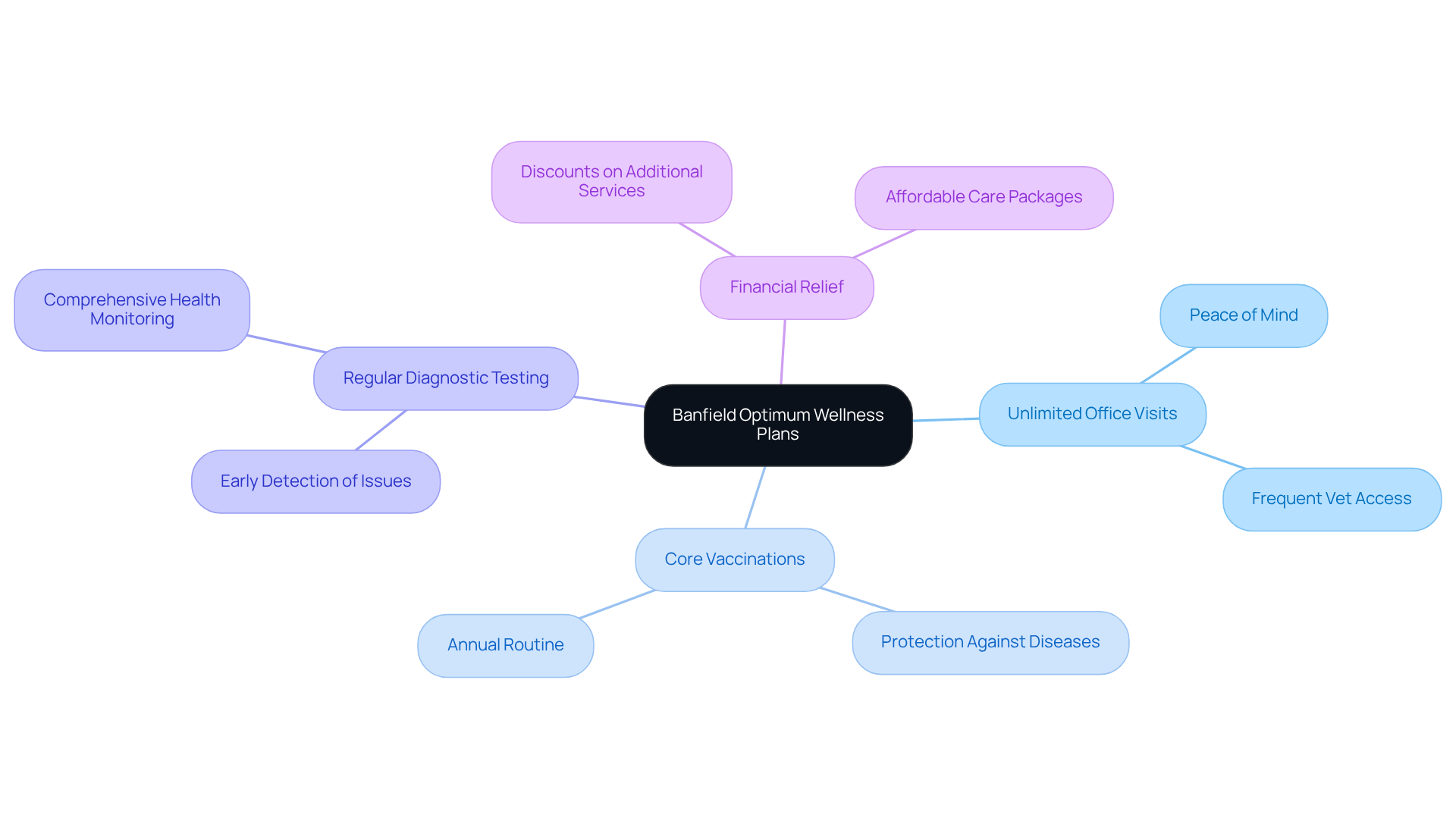 The central node represents the wellness plans, while the branches show the key features that help keep pets healthy. Each branch can be explored for more details about how it contributes to overall pet wellness.