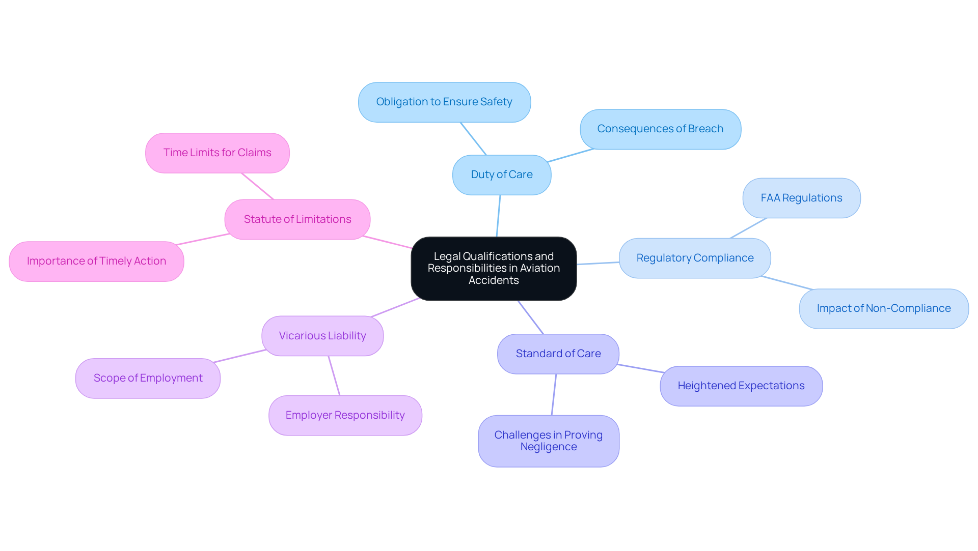 The central node represents the overall theme, while each branch highlights a key legal concept. Sub-branches provide additional details, helping you understand how these concepts interconnect and their significance in aviation accident cases.