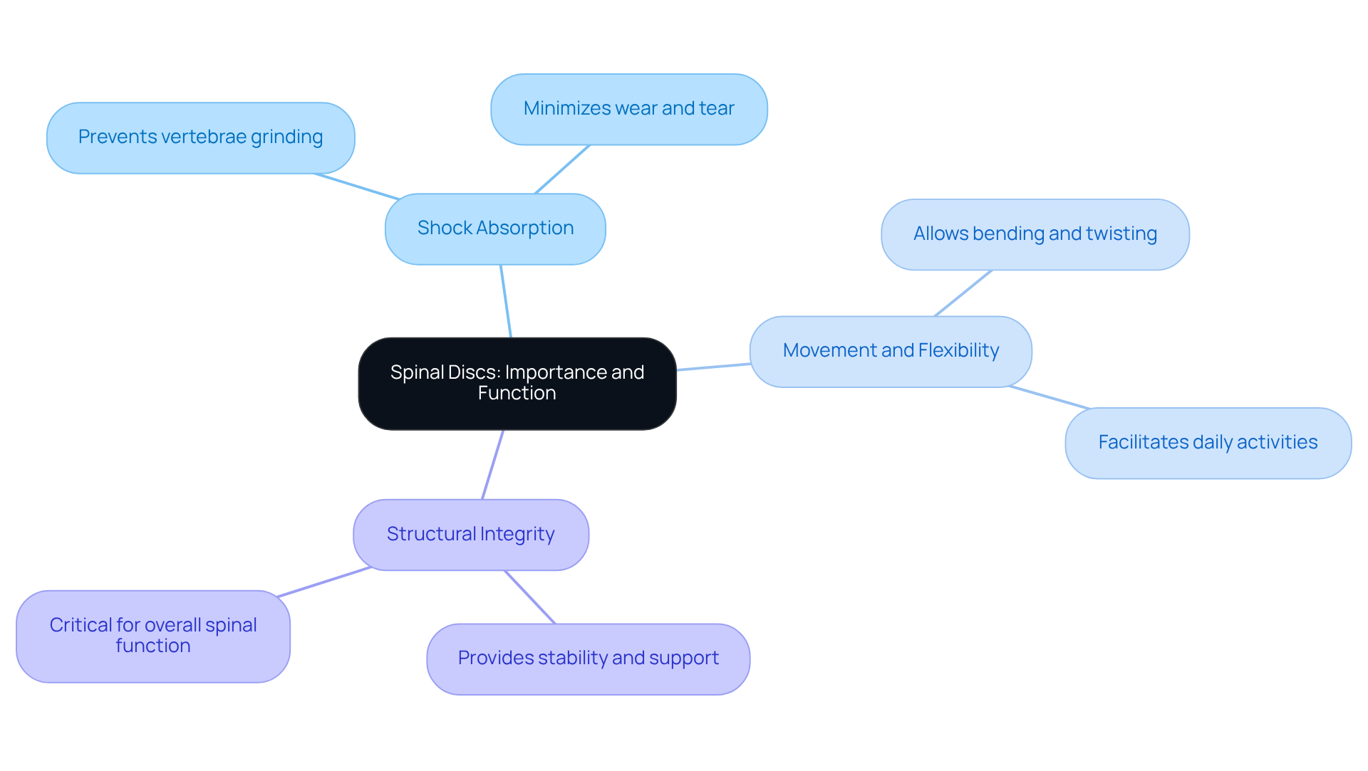 This mindmap starts with the main topic of spinal discs at the center. Each branch represents a key function of the discs, showing how they contribute to spinal health. The sub-branches provide more details about each function, helping you see the bigger picture of why spinal discs are so important. This mindmap starts with the main topic of spinal discs at the center. Each branch represents a key function of the discs, showing how they contribute to spinal health. The sub-branches provide more details about each function, helping you see the bigger picture of why spinal discs are so important.