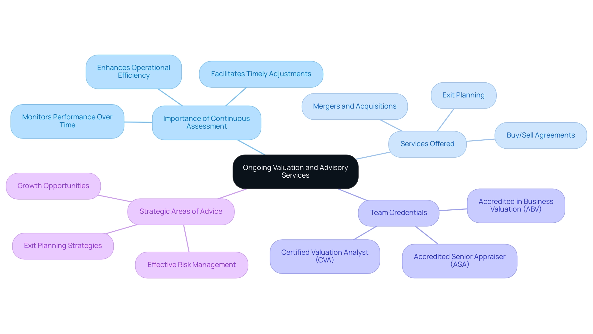 The central node represents the main theme, with colored branches for different aspects: Importance (red), Services (blue), Credentials (green), and Strategic Areas (purple).