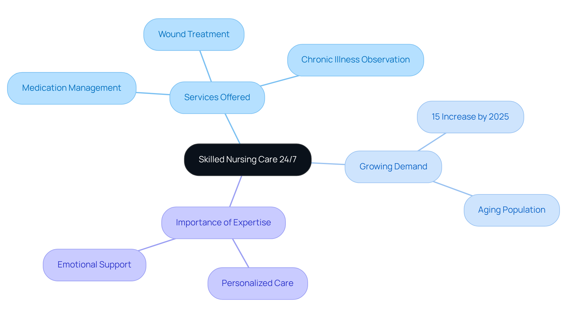 The center represents the main service of skilled nursing care, with branches showing the specific services offered, the increasing demand for these services, and the overall importance of having expert care at home.